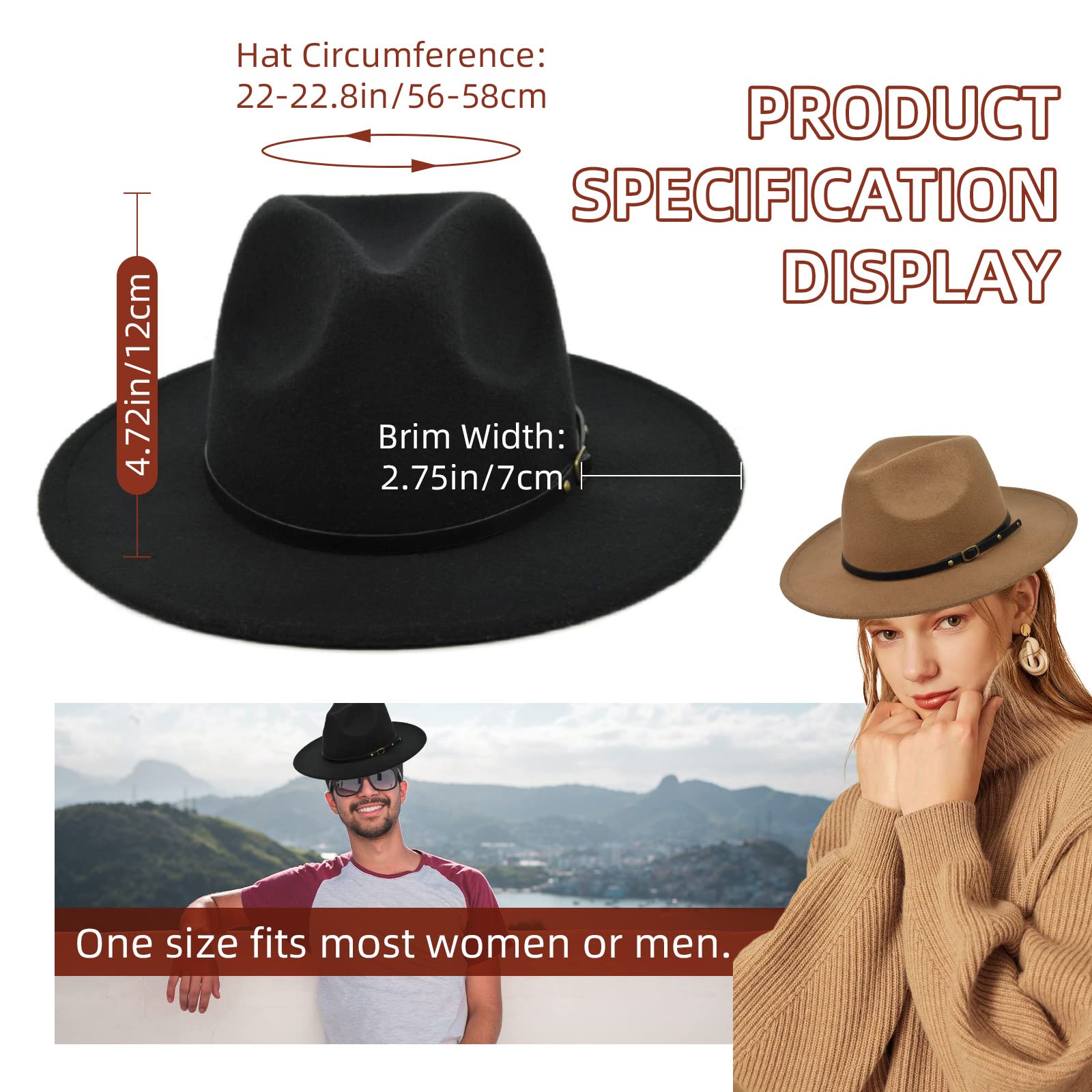Women Classic Belt Buckle Fedora Hat, 2 Pack Wide Brim Panama Hat Lady Retro Wide Brim Fedora Hat