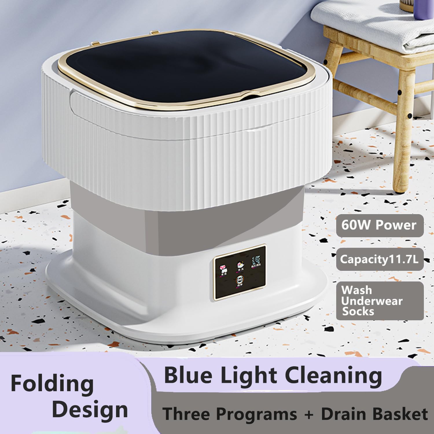 Portable Washing Machine With Drain Basket, 11L Mini Folding Washing Machine, Mini Portable Washer and Dryer for Apartments, Dorm, Camping, RV, Travel (White-PP)