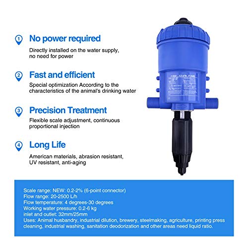 Robbey Water Powered Flow Dosing Pump, 0.2%-2% Hydraulic Chemical Fertilizer Injector Proportioning Dispenser Liquid Diluent Doser Proportioner for Drip Irrigation Livestock Farm
