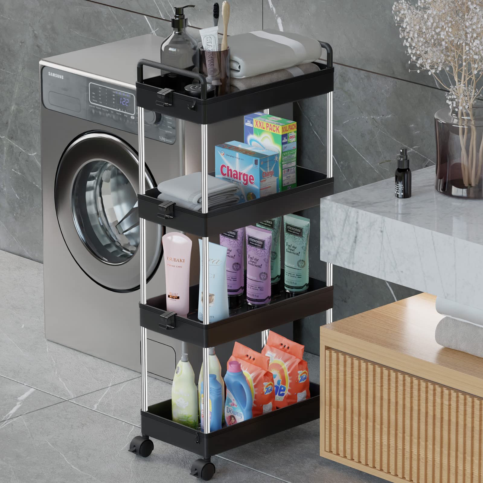 Ronlap 4 Tier Classic Storage Rolling Cart, Thin Storage Cart with Wheels Slide Out Storage Rolling Cart Organizer Plastic Utility Carts for Bathroom Laundry Room Kitchen Office Narrow Place, Black
