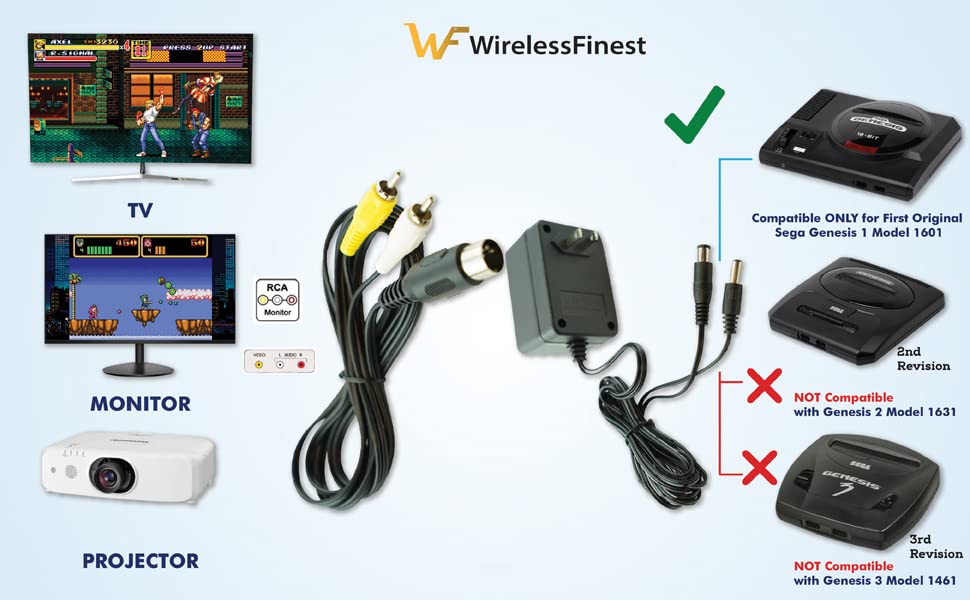 WirelessFinest Audio Video RCA AV Cable Adapter Cord + AC Power Supply To External TV Screen Monitor For SEGA Genesis 1 Original MK1601 First 16 Bit Version ONLY Gaming Systems Console Game Bundle Set