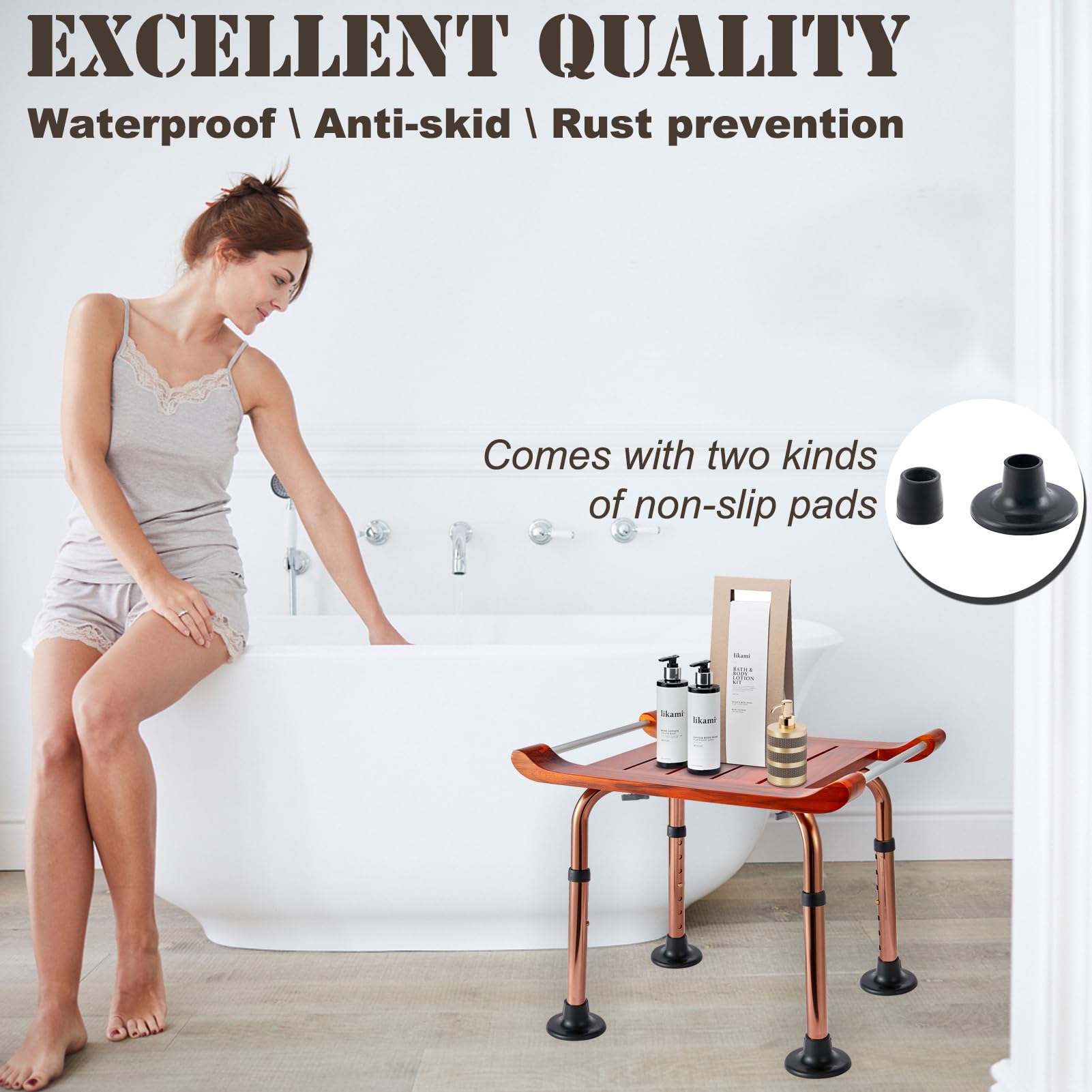 Teak Shower Bench with Handles, Shower Chair for Inside Shower, Height Adjustable Stool, Attached Shower Head Holder Skid pad, Supports Up to 300 Lbs Both Indoor and Outdoor use