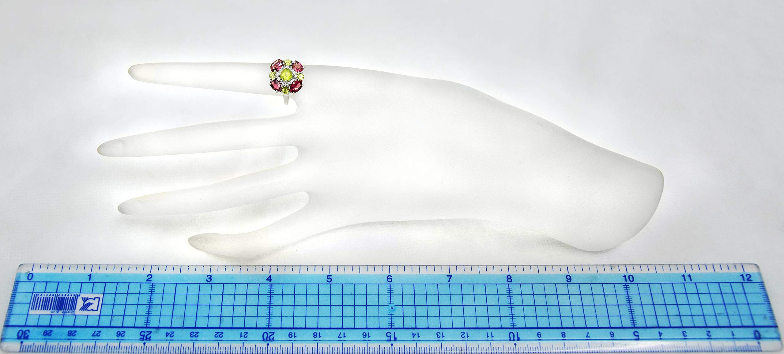 RB Gems Sterling Silver 925 Ring GENUINE GEMS Cushion 5 mm, Rhodium-Plated Finish, Floral Cluster Design (10, peridot)