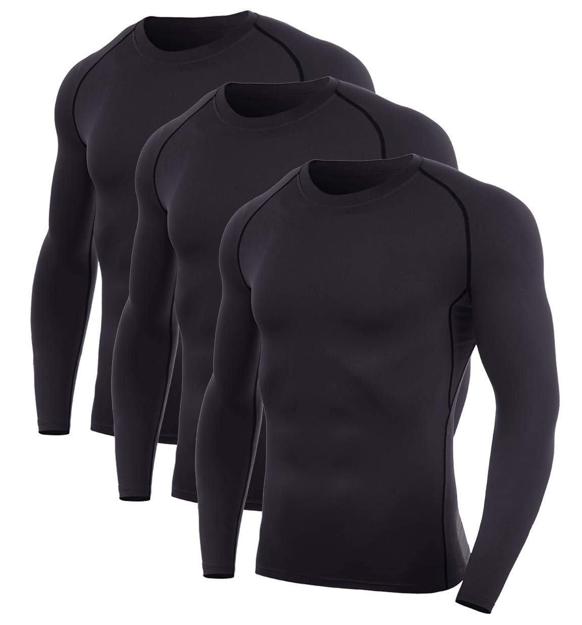 SILKWORLD Men's Long-Sleeve Compression Shirt Base-Layer Running Top, 3 Pack: Black#3, L