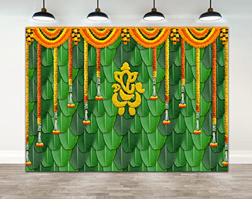 Ticuenicoa 7×5ft India Pooja Traditional Photography Backdrop Diwali Backdrops Banana Leaf Green Chatiya Ganesh Background Marigold Puja Ganpati Wedding Photo Tapestry Booth Props