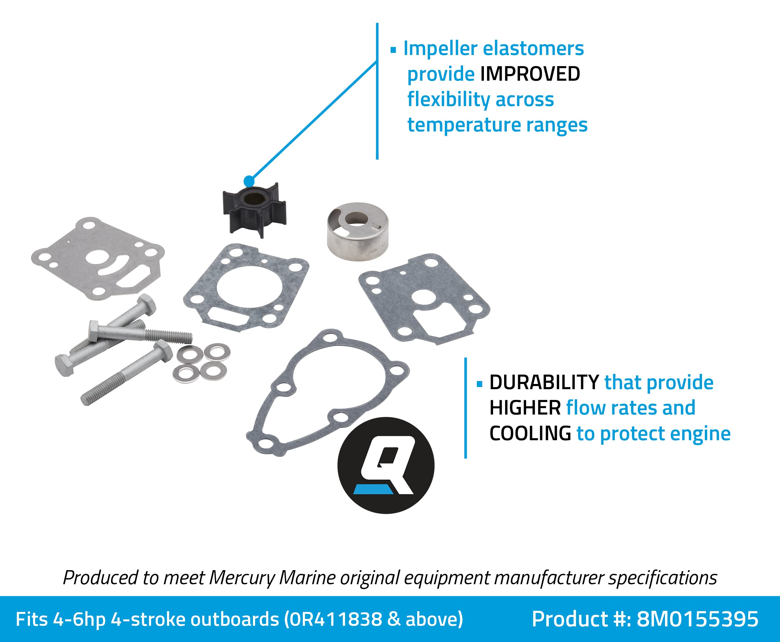 Quicksilver 8M0155395 Water Pump Repair Kit, Mercury, 4-60hp Outboards