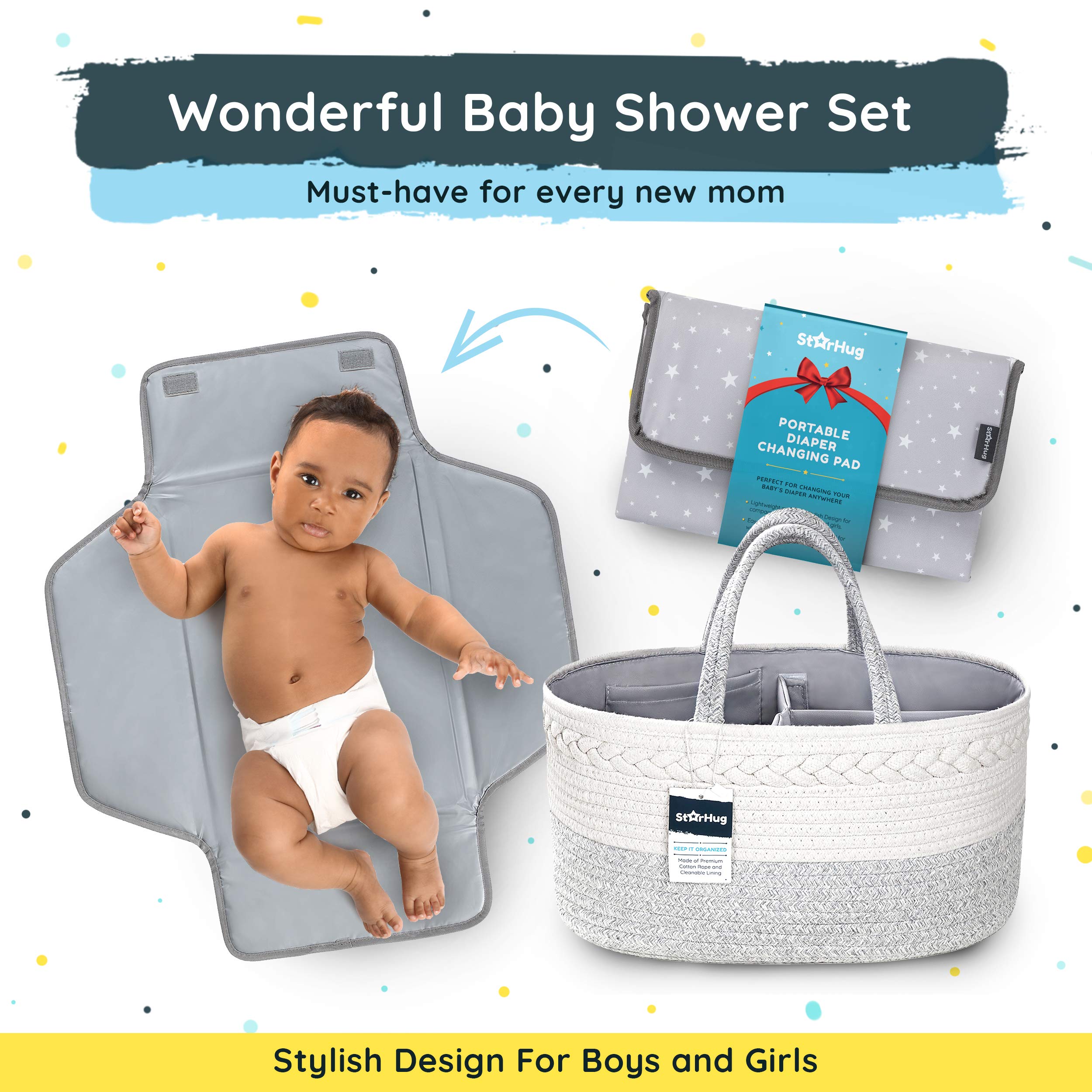StarHug Baby Diaper Caddy Organizer β Baby Shower Basket with 2 Inner Pockets, Cleanable Interior, 100% Cotton Rope, Eco-Friendly, Large (Diaper Caddy + Portable Changing Pad)