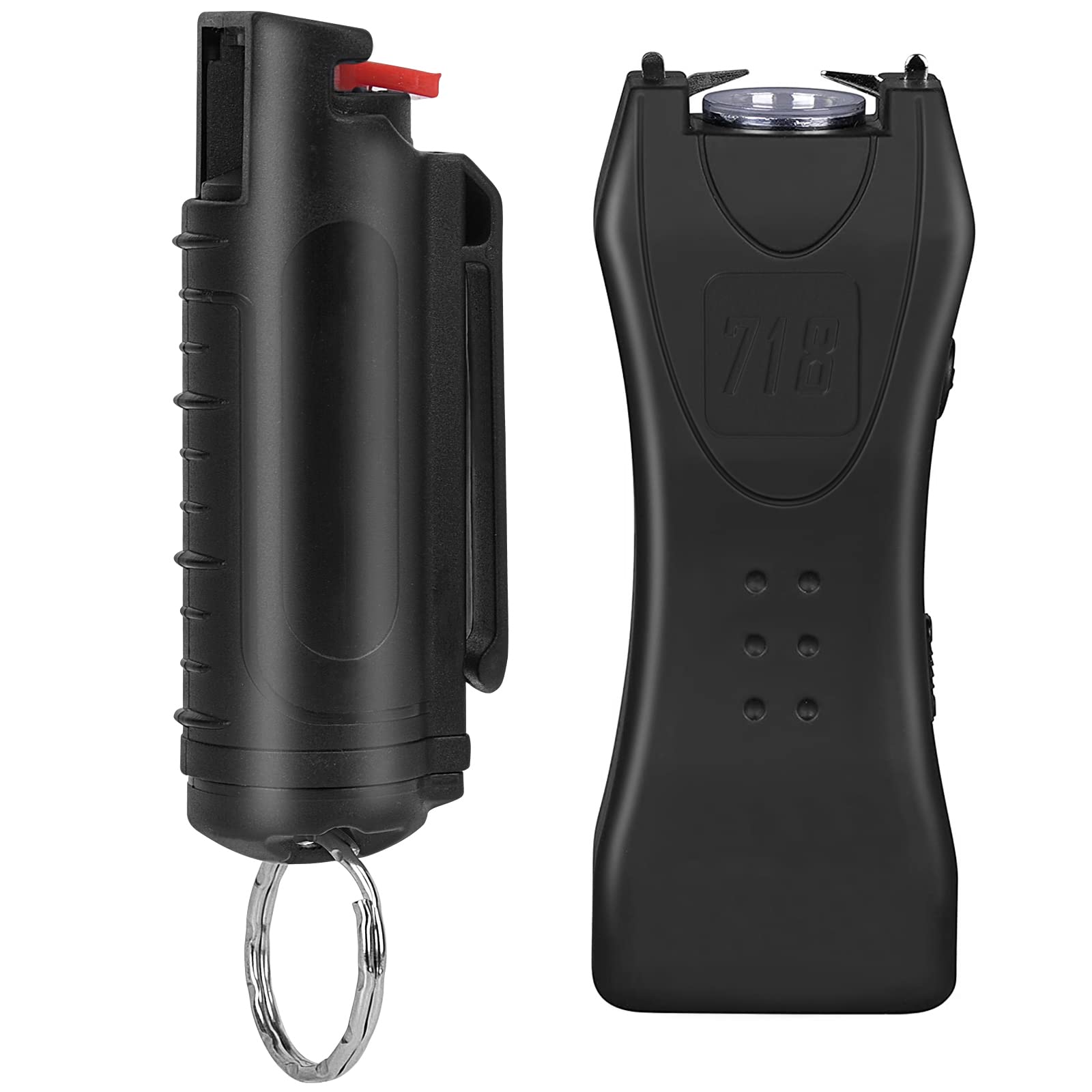 XinJuns Self-Defense Kit w/ Red Pepper Spray & Painful 2.0 µC Stun Gun Flashlight, 25 Burst, 10 Foot (3 M) Range, 120 Lumens, Rechargeable, Safety Switch, Includes Belt Holster(Black Gun)
