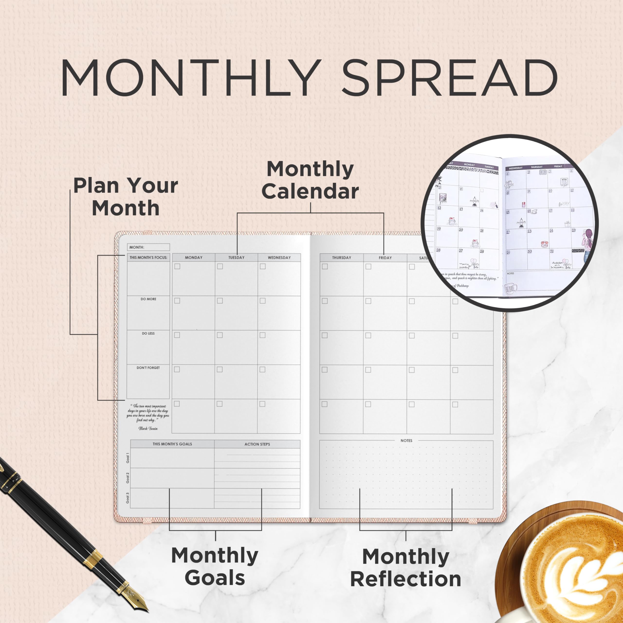 Wordsworth Undated Planner Weekly and Monthly - Dotted Blank Planner - Hardcover, Dateless Weekly Planner, 5.83 × 8.27In - Premium A5 Paper (120GSM) - Monthly, Weekly, Yearly Spread - Bullet Planner