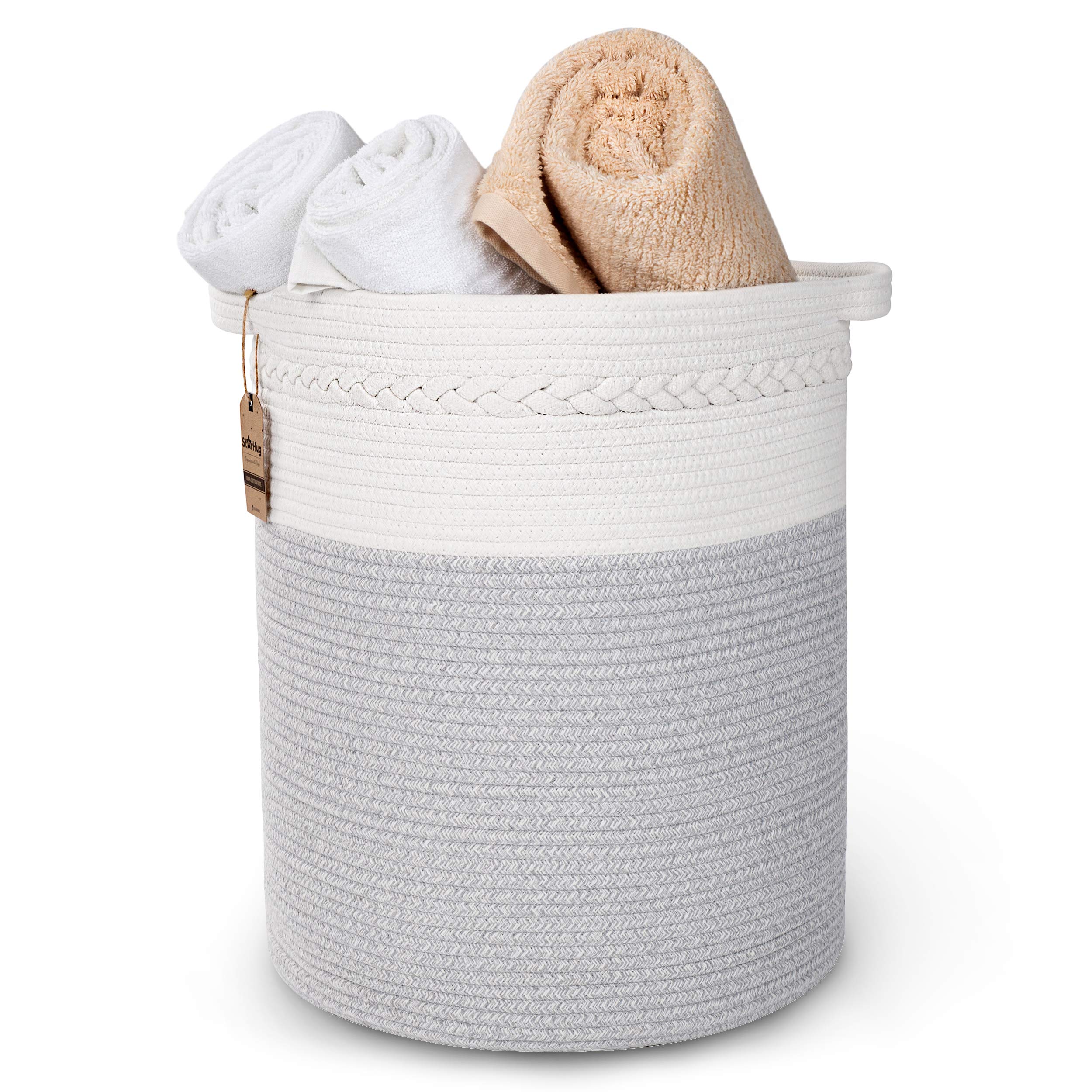 StarHug Large Woven Storage Basket - 20 x 16 inch Laundry Hamper – For Blankets, Throws, Pillows, Toys, Nursery - 100% Cotton Rope - Stylish Bin with Gift of Mesh Laundry Bag