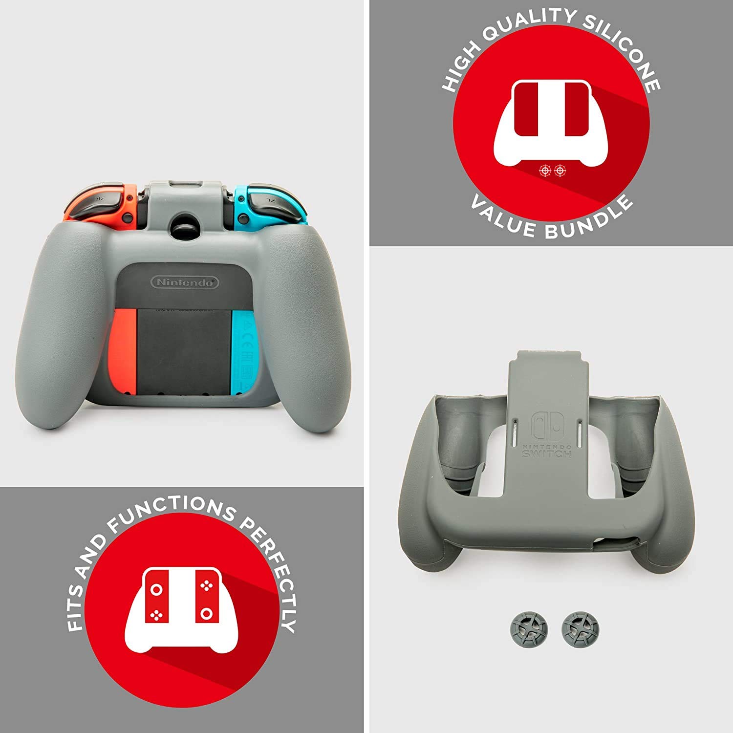RDS Industries Nintendo Switch Joy-Con Action Grip and Thumb Grips - Red Textured Silicone - Official Nintendo Licensed Product - Nintendo Switch