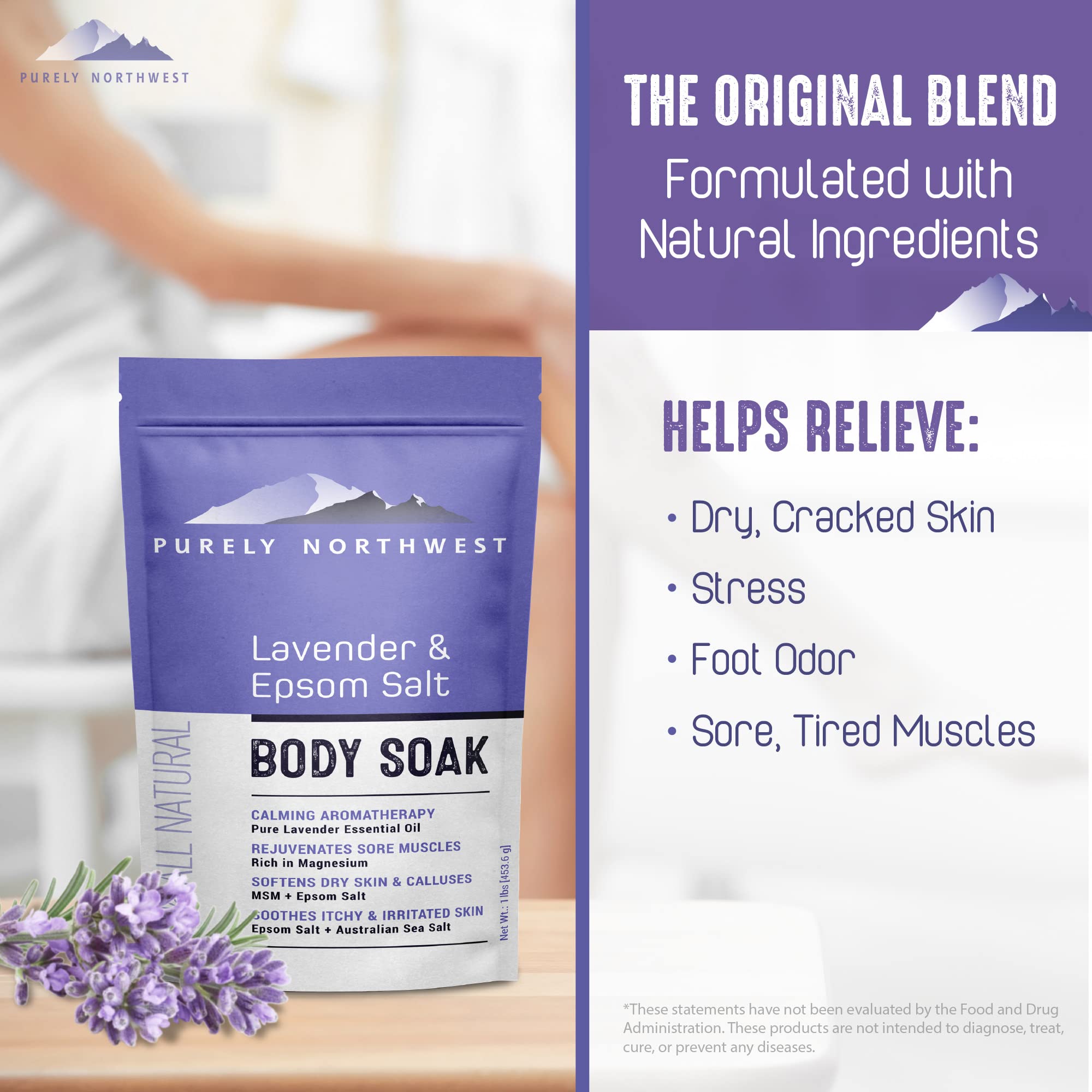 Premium Lavender, MSM & Epsom Salt Body Soak-Aromatherapy which Promotes a Good Night Sleep-Soothes Tense, Sore & Overworked Muscles-Excellent as a Foot Soak! 1LB