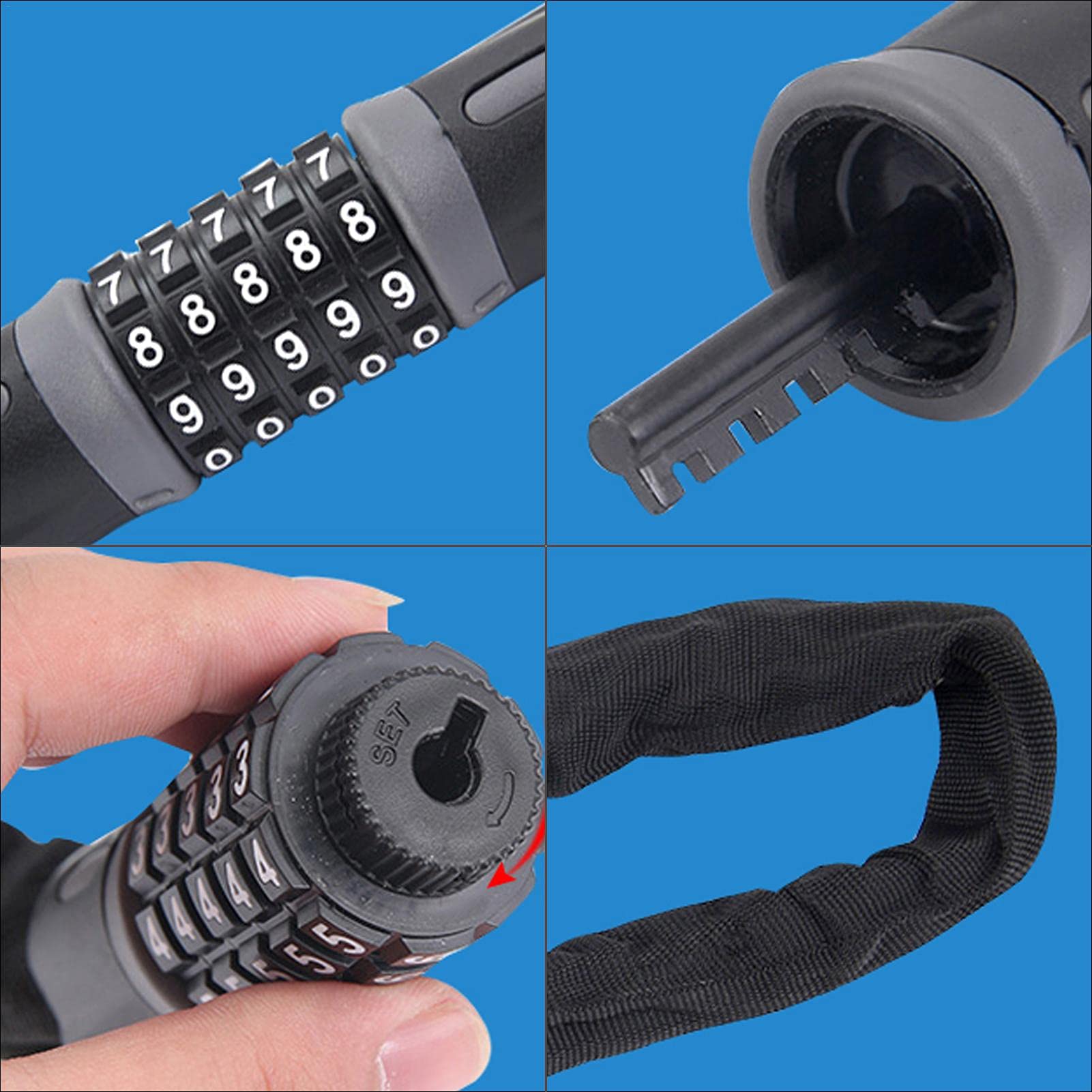 Xinrimoy Bike Chain Lock, 5 Digits Codes Resettable Combination Bike Lock, Outdoors Multifunctional Steel Cable Code Lock for Bicycle, Motorcycles, Scooters, Length 1.2m
