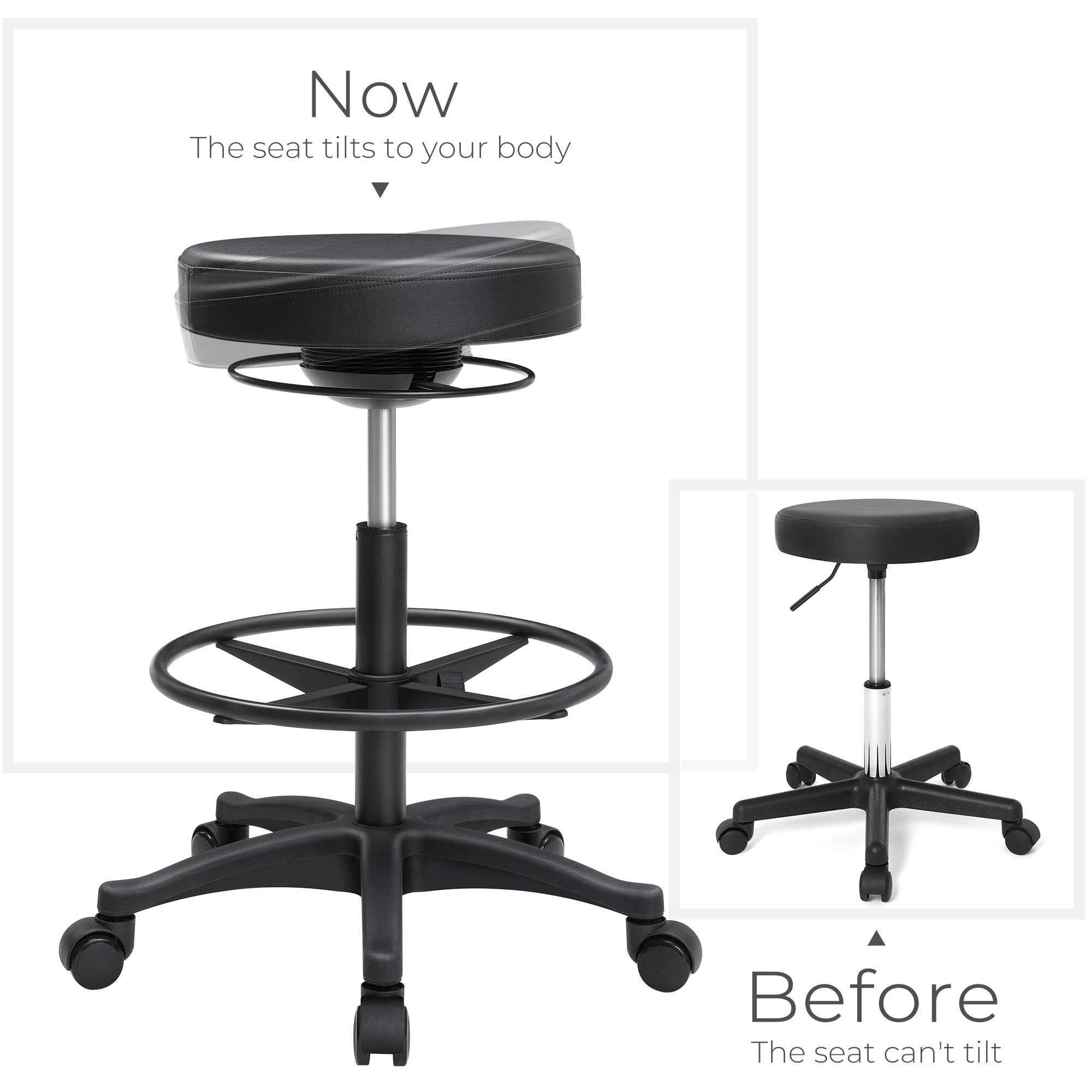SONGMICS Office Stool Chair, Rolling Standing Stool, Ergonomic Wobble Stool with Adjustable Footrest, Swivel Adjustable Drafting Stool, 23.4-31.9 Inches, Black UOSC007B01