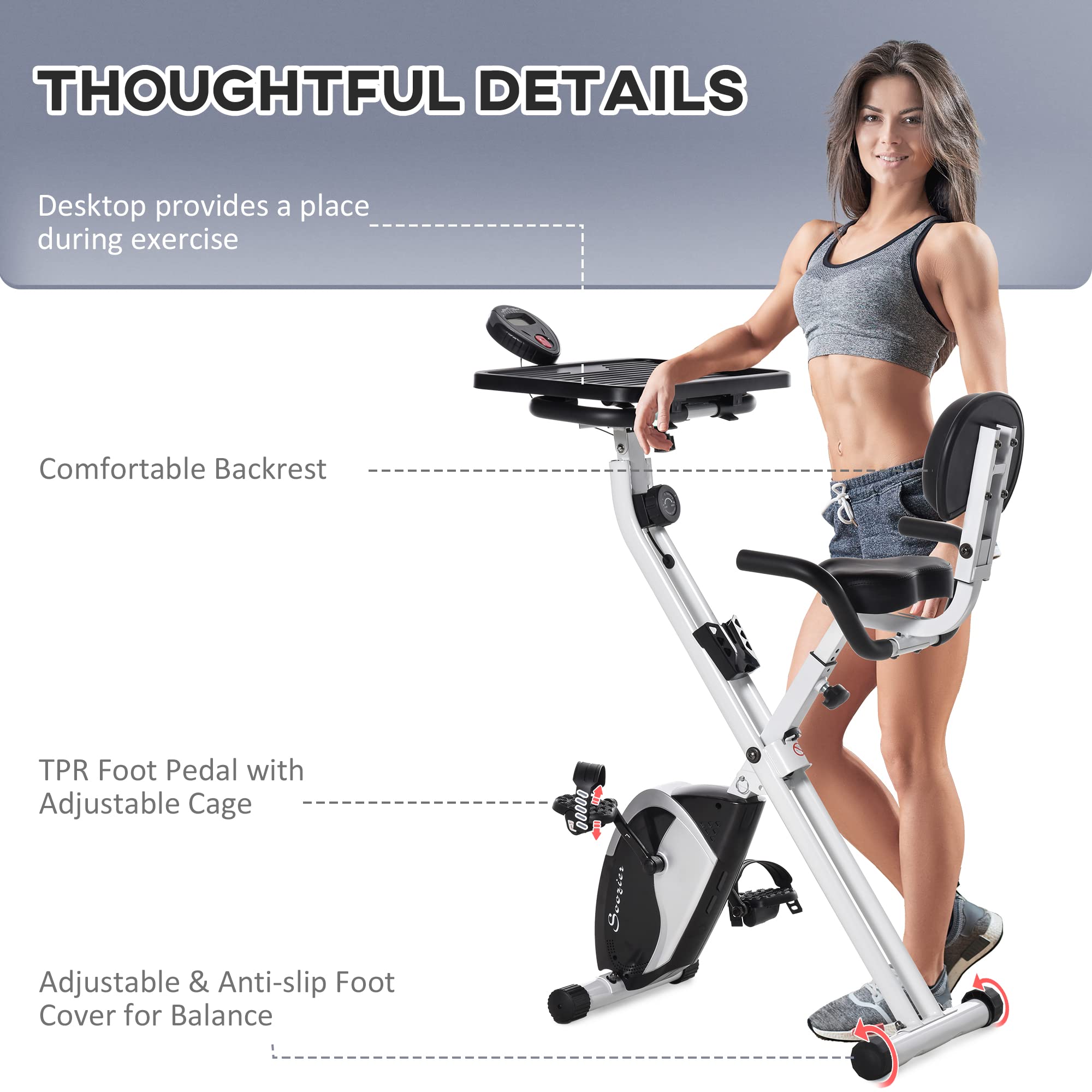 Soozier Stationary Exercise Bike with Adjustable Desktop, Seat Height and Resistance, 3lb Flywheel and Foldable Space-Saving Design, White