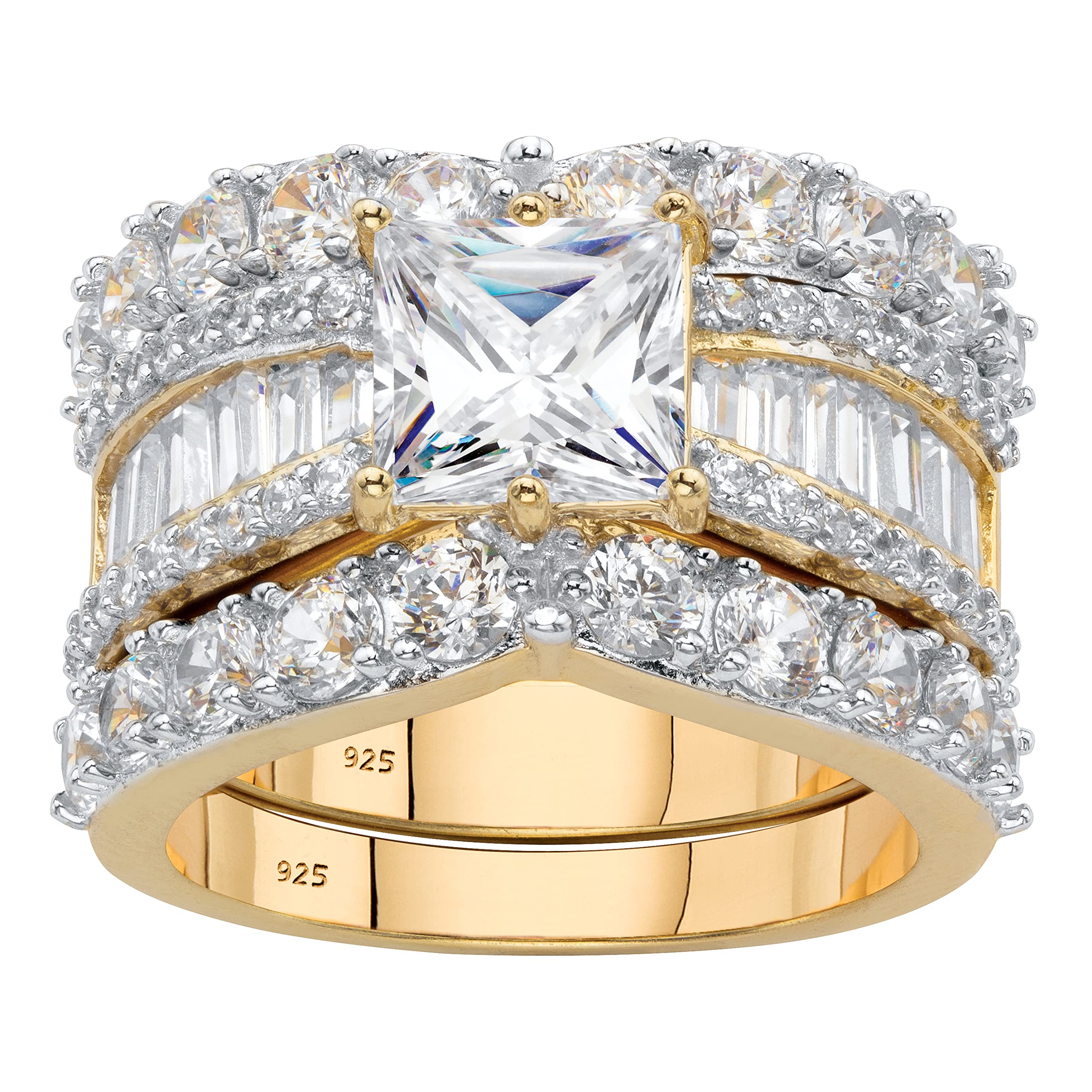 PalmBeach Yellow Gold-Plated or Platinum-Plated Sterling Silver Princess Cut Cubic Zirconia Bridal Ring Set Size 6