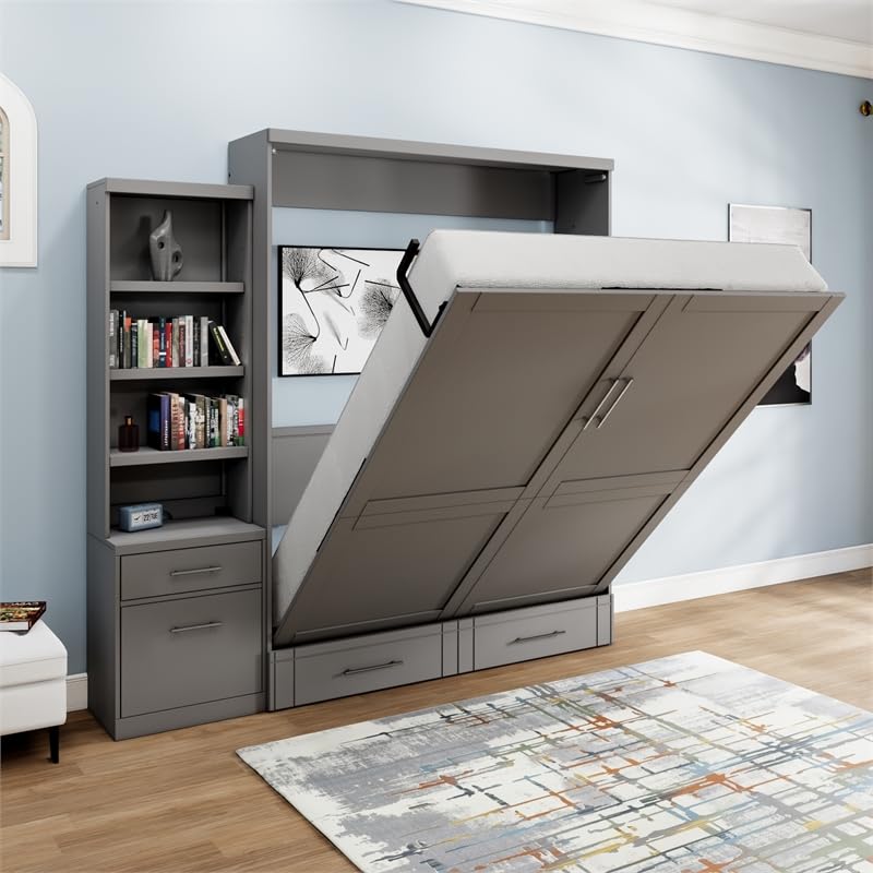 RoomAndLoft Brentwood Queen Contemporary Solid Wood Murphy Wall Bed and Shelf Storage with Drawers in Gray
