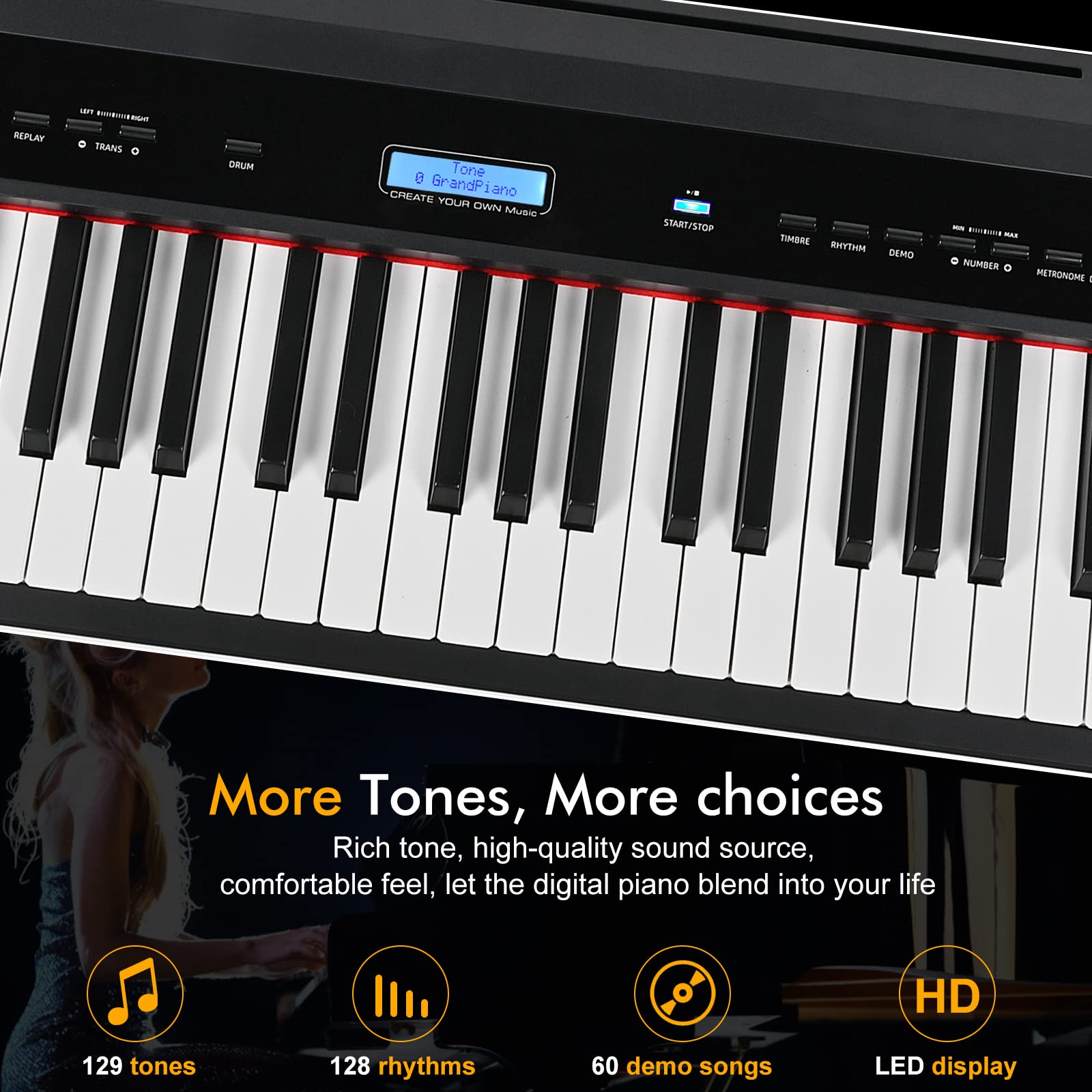 ZHRUNS Beginner Digital Piano,88 Key Weighted Keyboard,Full Size Portable Electric Piano with Sustain Pedal,Power Supply,USB/MIDI/Headphone/Mic/Audio Output Feature
