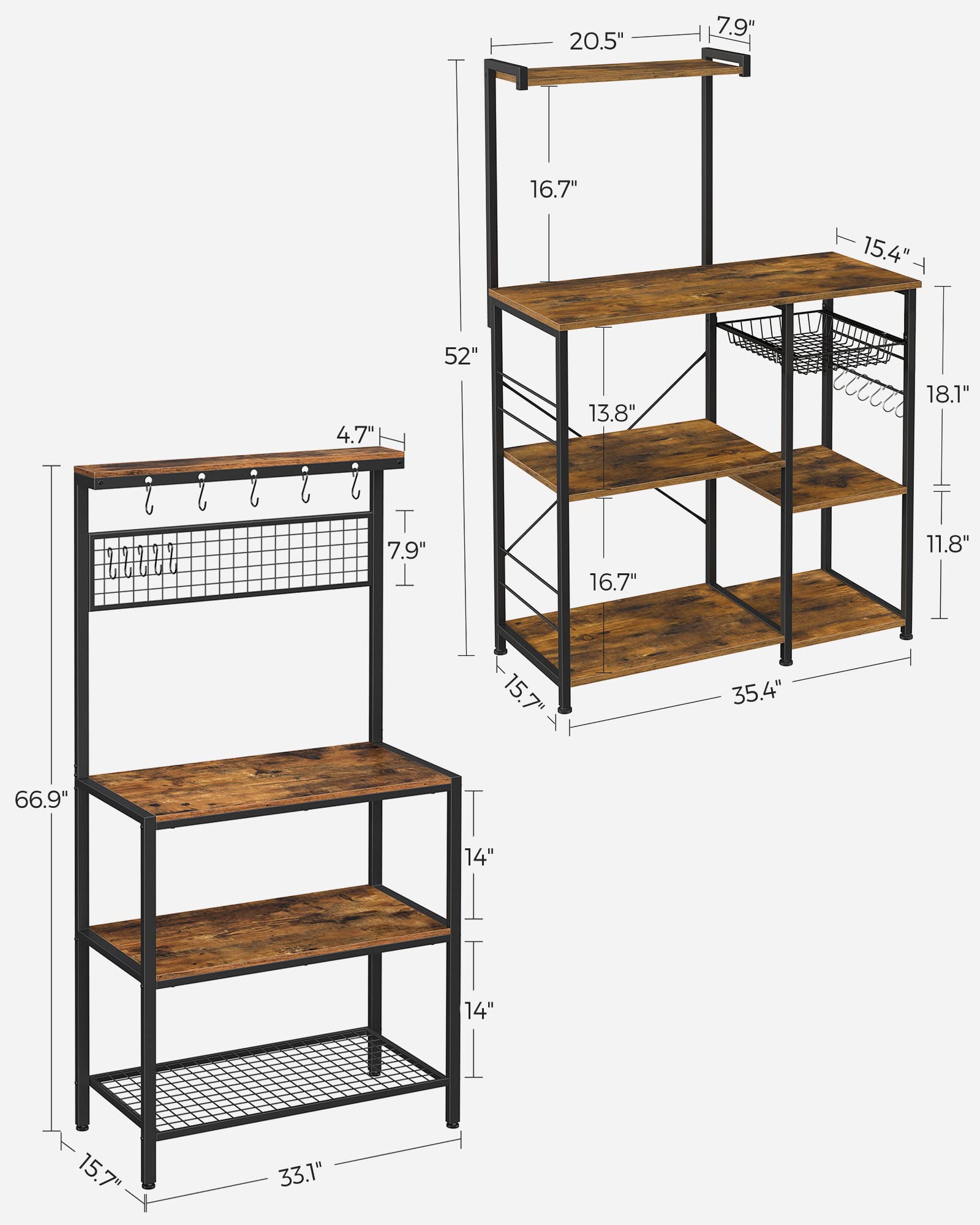 VASAGLE Coffee Bar and Baker’s Rack Bundle, Kitchen Storage Racks with Shelves, Hooks, for Microwave, Rustic Brown and Black UKKS17BX and UKKS35X
