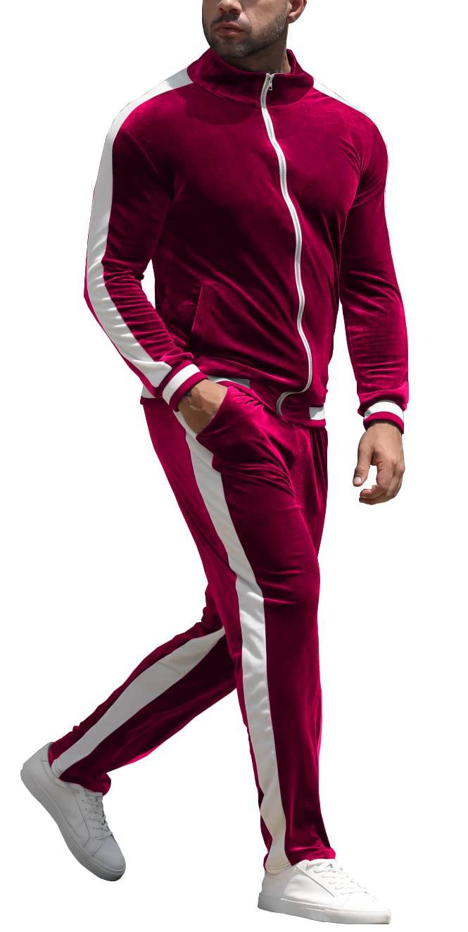 YAOGRO Velour Tracksuit Sweatsuit Set:Men's Jogging Suits Full Zip Casual Jackets Pants 2 piece Outfit Athletic Workout Red