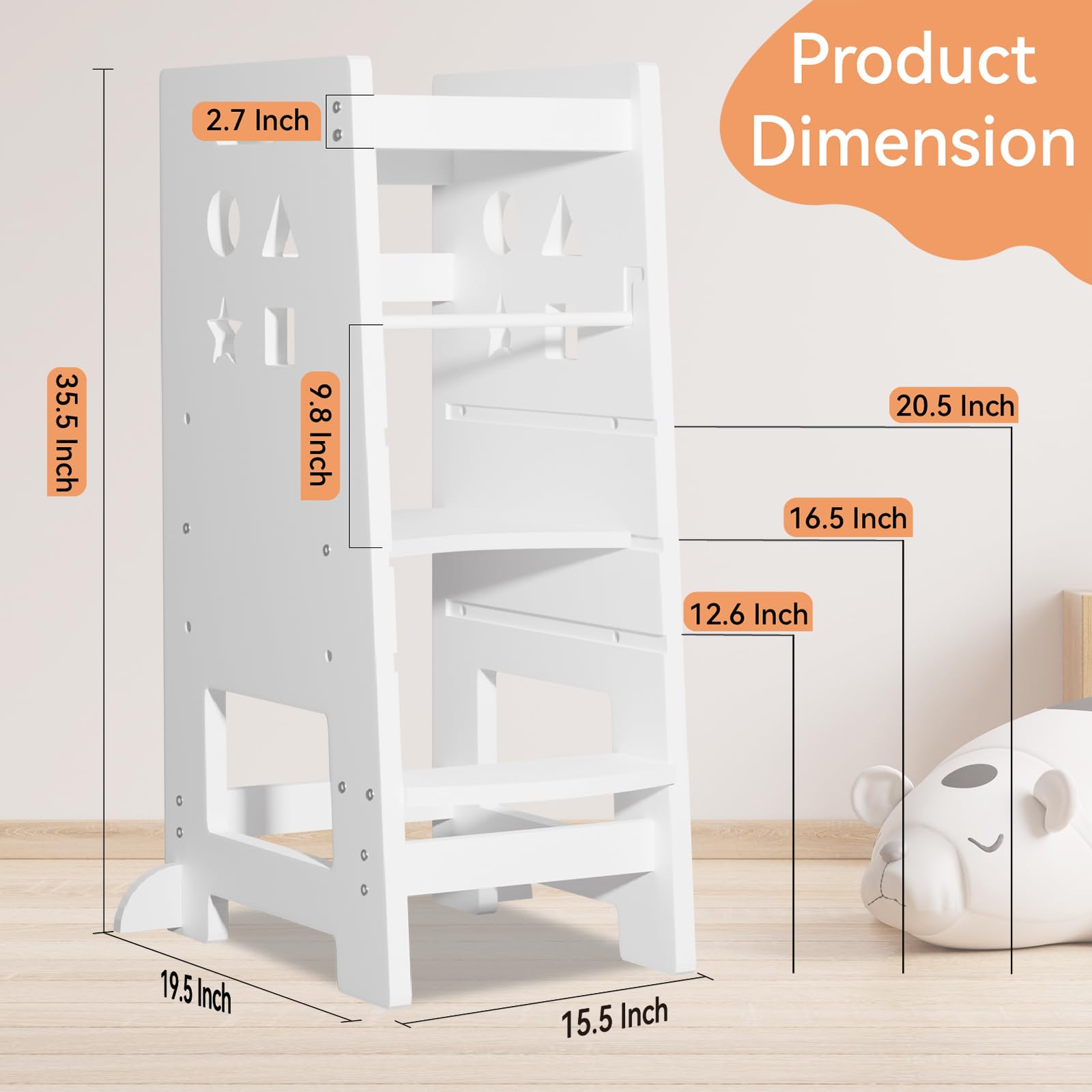 Toddler Kitchen Stool Helper, Kitchen Step Stool for Kids with Safe Rail, Baby Adjustable Learning Standing Tower for Kitchen Counter & Bathroom Sink(White)