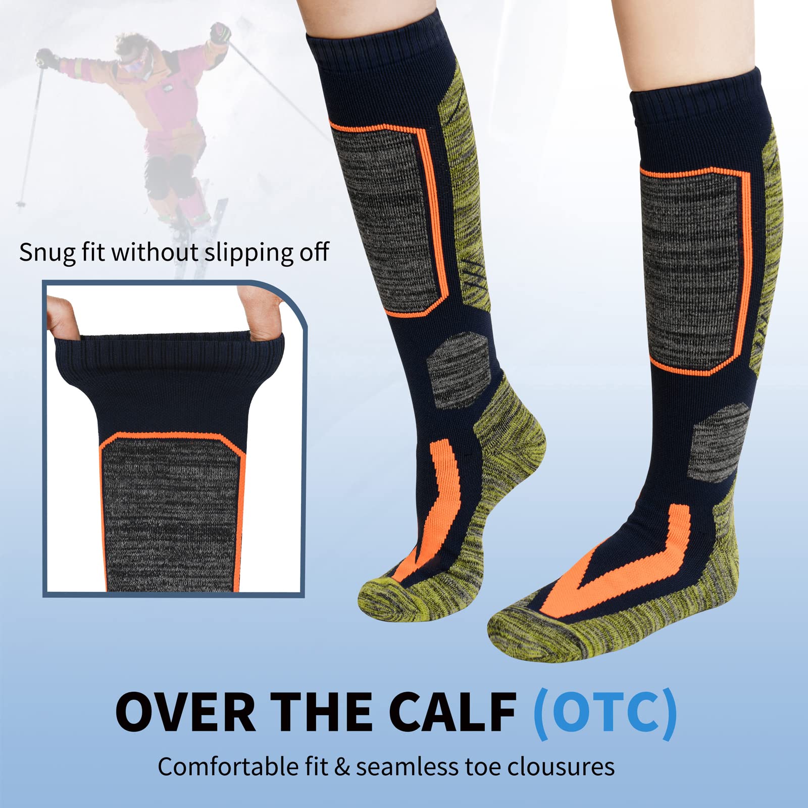 Ski Socks 2 Pairs Pack,Knee High Socks for Men Women Unisex Thick Snow Skiing Snowboard Socks (Fits womens 6-13, fits mens 7-12, Black +Blue)