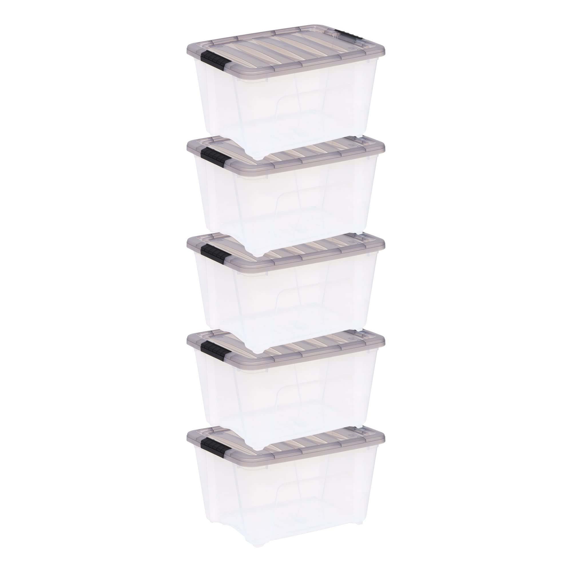 TeIdea 32 Quart Stack & Pull™ Clear Plastic Storage Box with Buckles, Gray, Set of 5