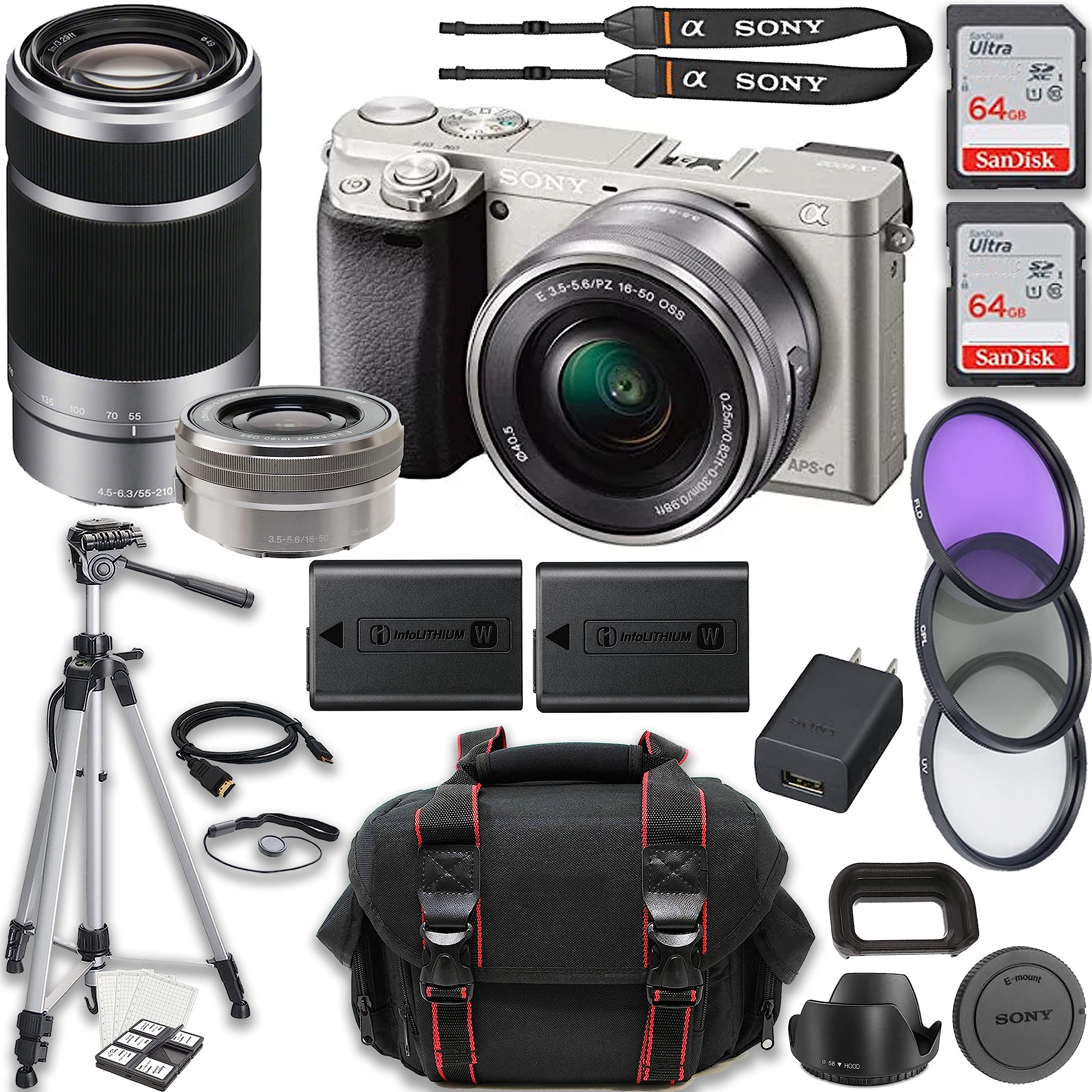 Sony a6400 Mirrorless Camera (Silver) + Sony E PZ 16-50mm f/3.5-5.6 OSS Lens + Sony E 55-210mm f/4.5-6.3 OSS Lens + 2X 64GB Memory + Case + Tripod & More (20pc Bundle)