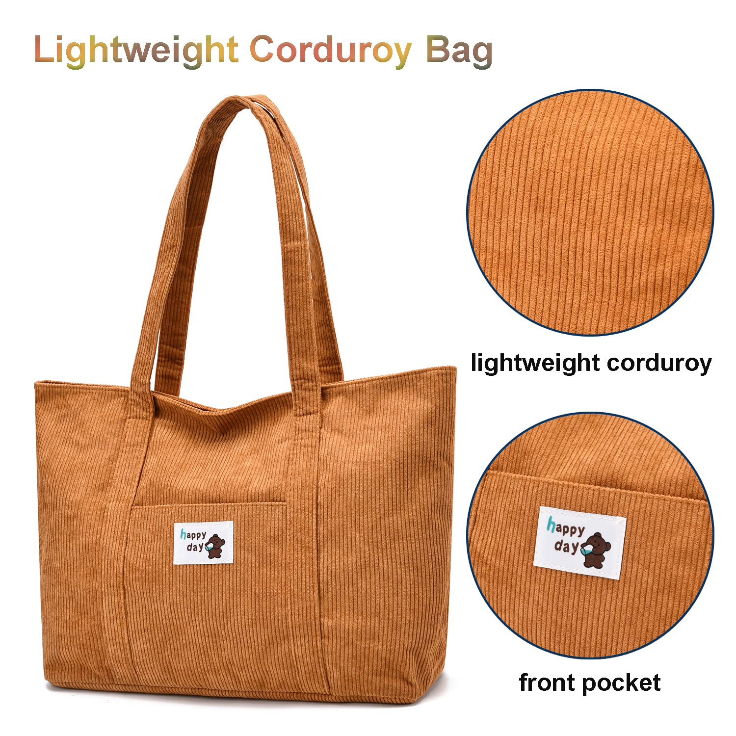 Women Large Corduroy Tote Bags Zippered for Shopping College Beach Work Everyday Purse with Long Handles