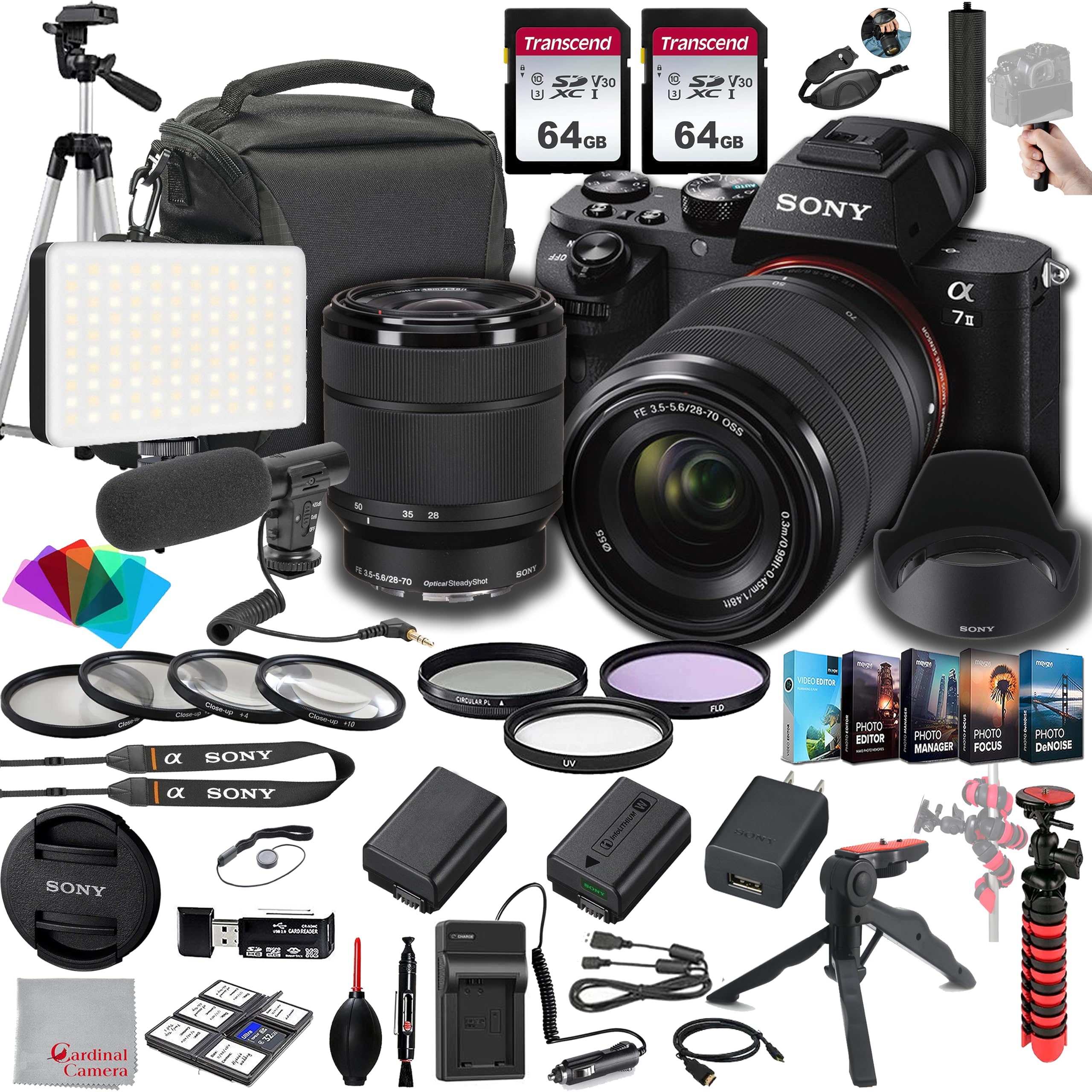 Sony a7 II Mirrorless Digital Camera 24MP w/ 28-70mmmm Lens ILCE7M2K/B, 128GB Memory,Microphone, 120LED Video Light, Tripod, Filters, Hood, Grip,Spare Battery & Charger Software Kit -Deluxe Bundle