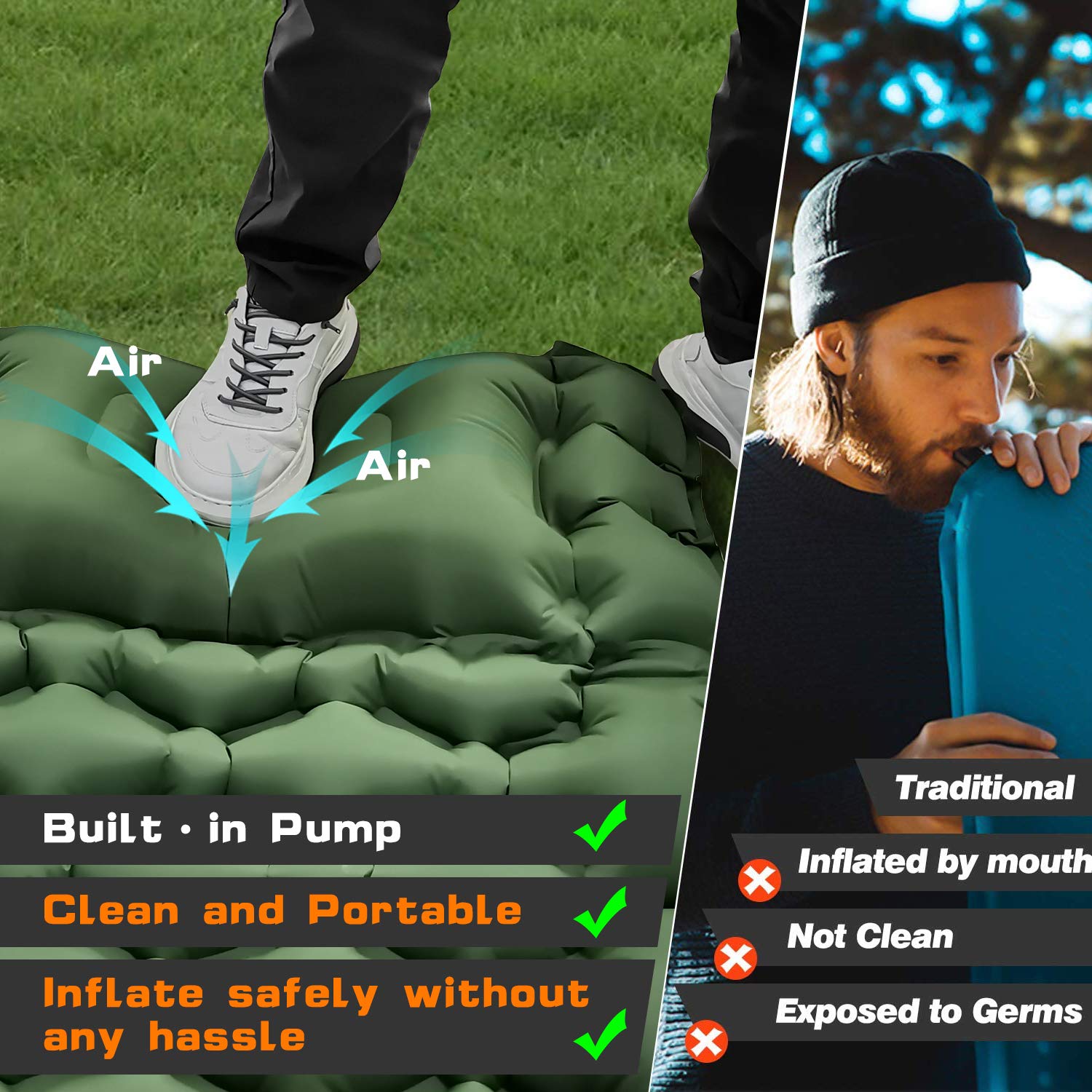 Self-Inflating Sleeping Pad for Camping, Ultralight Sleeping Pads with Pillow for Backpacking,RV, Traveling, Hiking Air Mattress- Lightweight & Compact, Camping Sleeping Mat with Waterproof-Green
