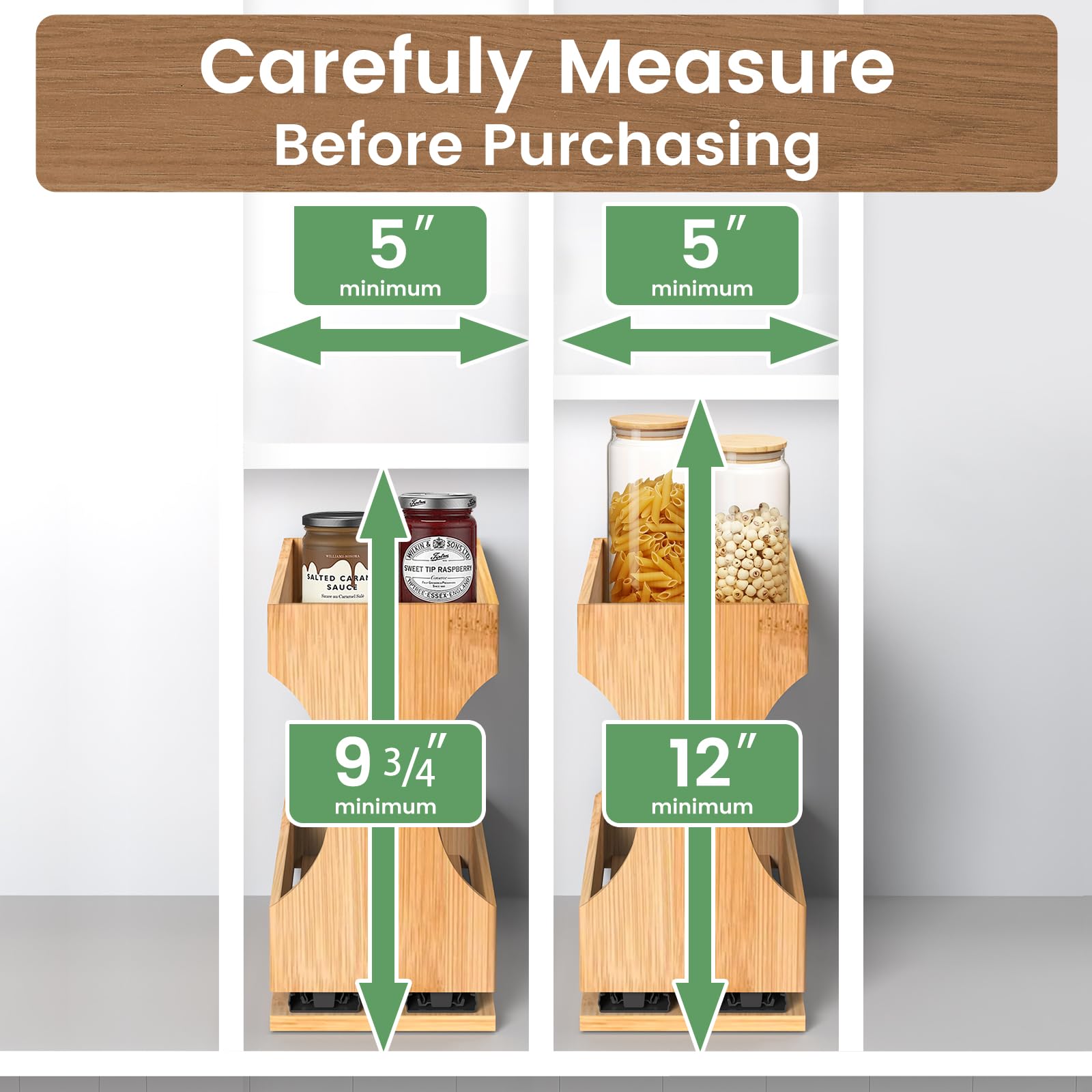 Teamkio Bamboo Spice Rack Organizer for Cabinet, 2-Tier Pull Out Spice Rack, Tool-Free Install Slide Out Vertical Seasoning Spice Organizer for Kitchen Cabinet(Bottles not included