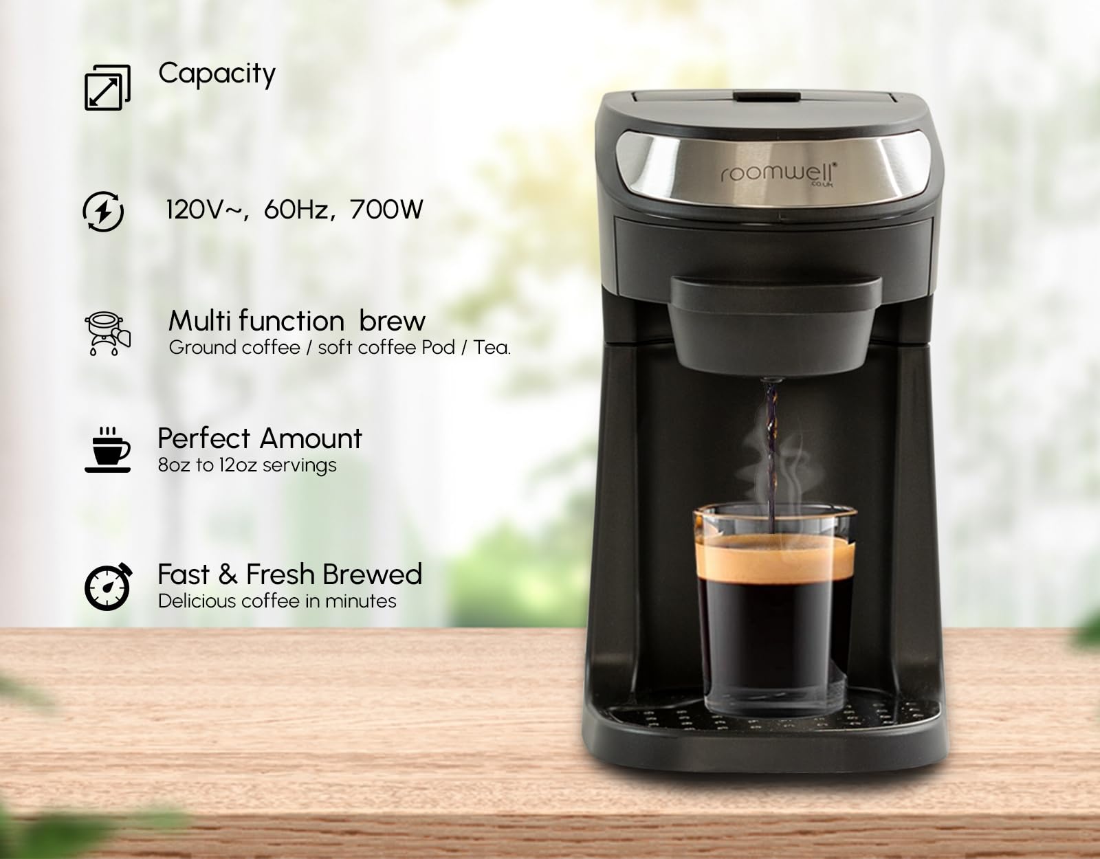 roomwell Single Serve Coffee Maker - 12 oz Stainless Steel Portable Drip, Reusable Mesh Filter, Ground Compatible, Non-Pod Mini Coffee Maker - Ideal Coffee Machine for College & Coffee Lovers,Black