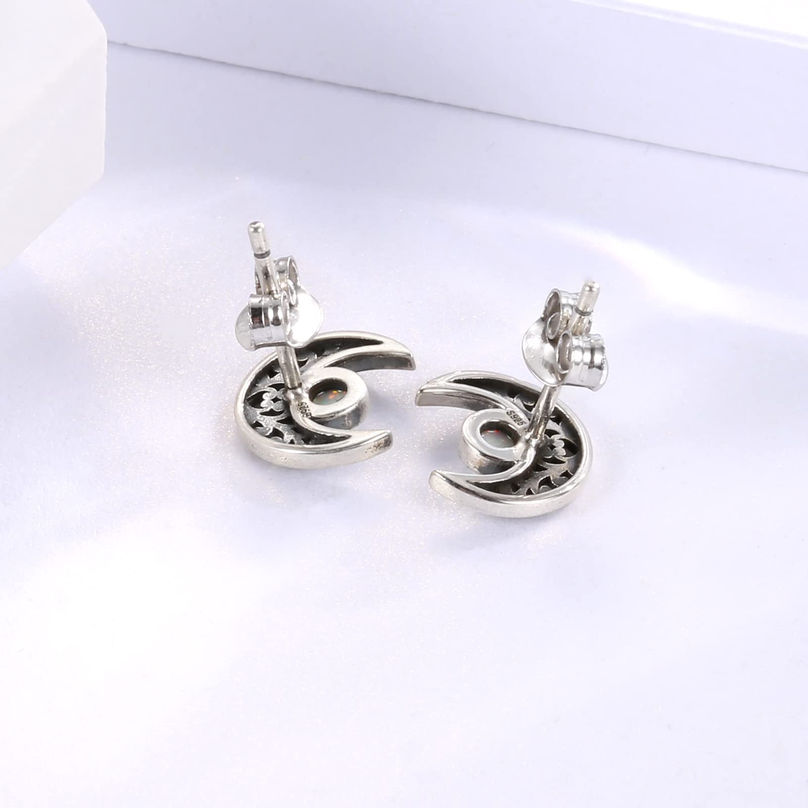 Sterling Silver Moon Earrings for Women: Opal Crescent Moon Stud Earrings Jewelry Gift for Teen