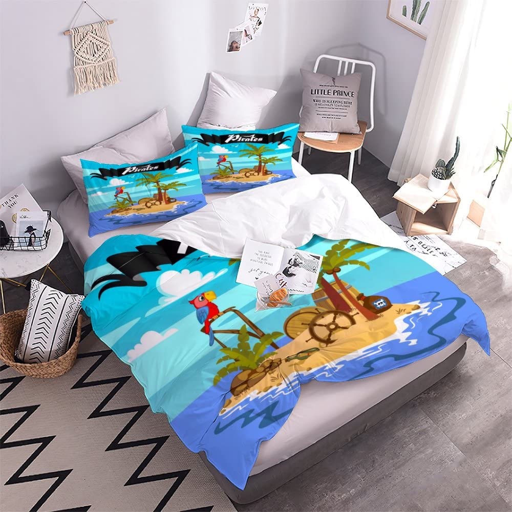 Quilt Cover Queen Size The Treasure 3D Bedding Sets Pirate Island Duvet Cover Breathable Hypoallergenic Stain Wrinkle Resistant Microfiber with Zipper Closure,beding Set with 2 Pillowcase