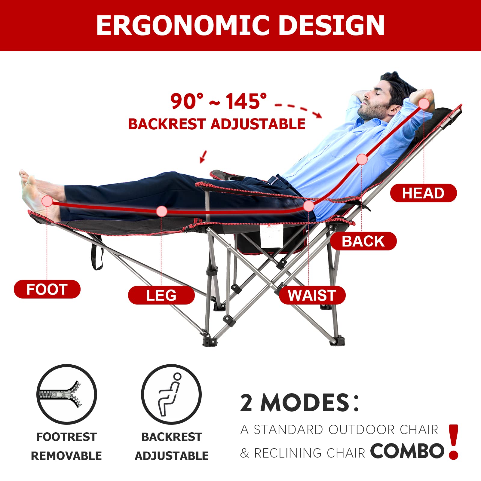 YSSOA Removable Footrest Reclining Camping Chair, 1-Pack, Black