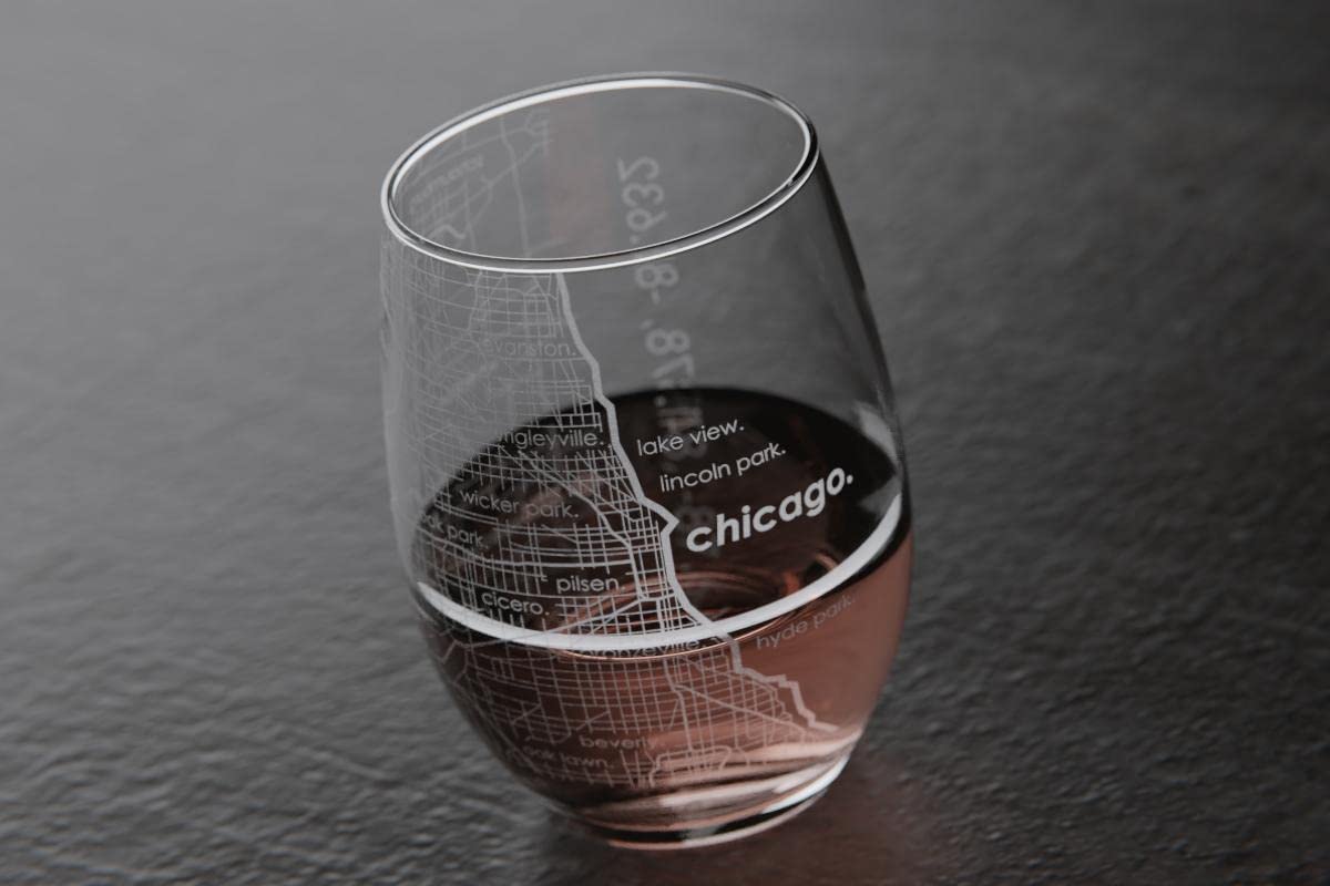 Well Told Engraved Chicago Illinois Map Stemless Wine Glass, Etched Wine Glass (15 oz, Clear) City Map Wine Glass, Custom Wine Glass, Gifts for Wine Lovers