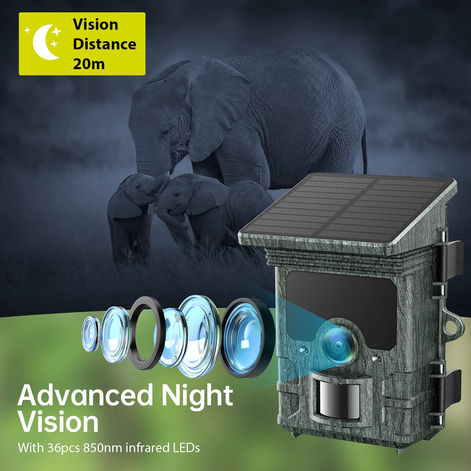 VOOPEAK Solar Trail Camera 4K 30fps - WiFi Bluetooth 46MP Hunting Game Camera - 120° Detection Angle Motion Sensor Night Vision IP66 Waterproof for Wildlife Trace