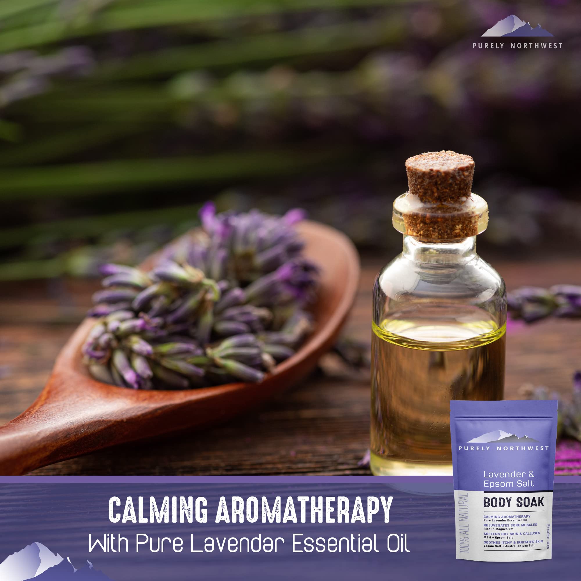 Premium Lavender, MSM & Epsom Salt Body Soak-Aromatherapy which Promotes a Good Night Sleep-Soothes Tense, Sore & Overworked Muscles-Excellent as a Foot Soak! 1LB