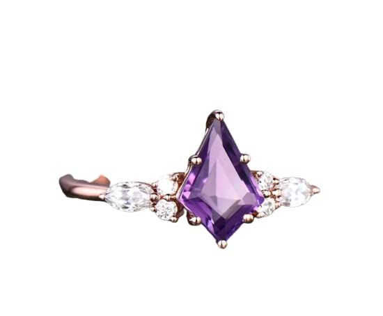 Vintage kite cut purple amethyst ring unique amethyst engagement ring set rose gold marquise cut diamond ring set bridal wedding ring set (ROSE GOLD, 8)