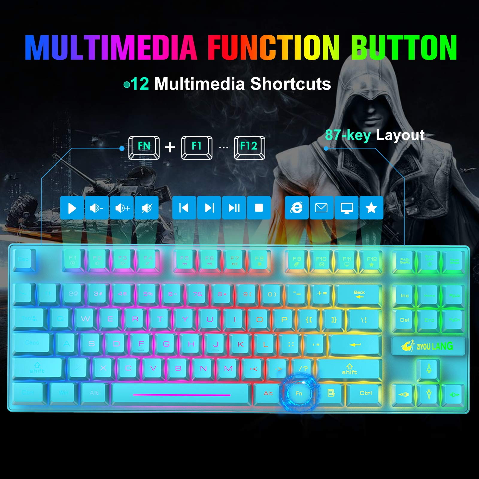 ZIYOU LANG Wireless Gaming Keyboard Mouse and Wired Headphone with Ergonomic 87Key Rainbow Backlight Rechargeable 3800mAh Battery Mechanical Anti-ghosting Mouse pad for PC Laptop Gamer Typist(Blue)