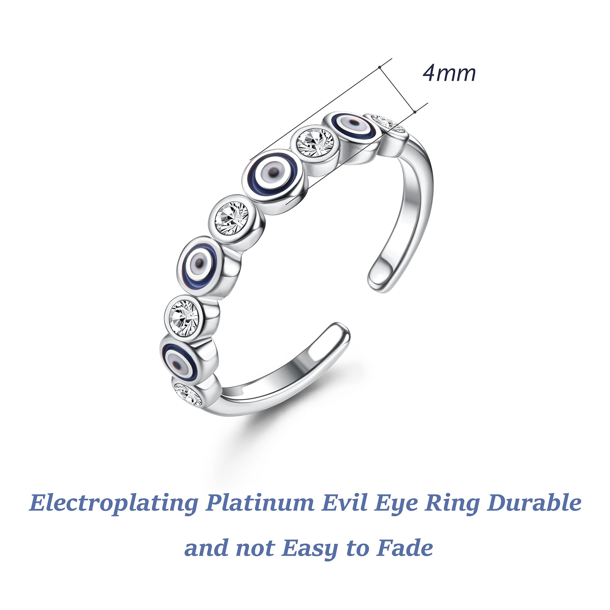 Ubjuliwa 4 Pcs Evil Eye Rings for Women White Gold Plated Eye Ring Set Adjustable Open Ring Silver Dainty Cute Evil Eye Rings Protection Jewelry Gift