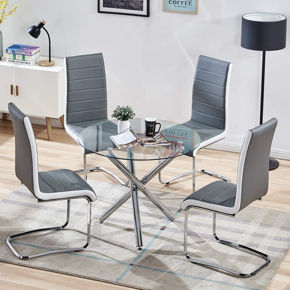 SICOTAS Glass Dining Table Round Kitchen Table with 3 Silver Chrome Legs,Modern Circle Dining Room Tables for 2 or 4,Small Compact Dinner Table for Apartment or Small Spaces,35.4D x 29.5H,Clear