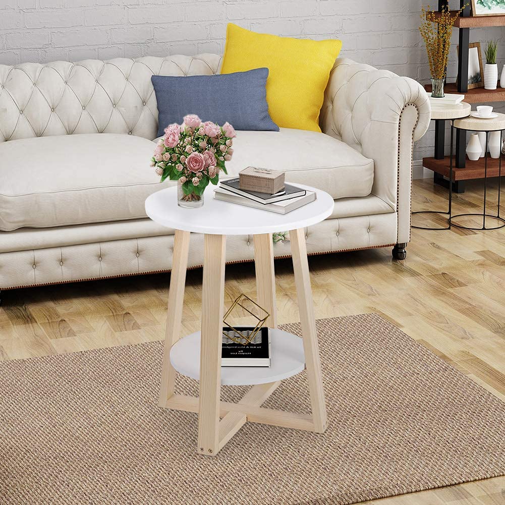 Side Table Round White End Table Small Coffee Tables for Small Spaces Midcentury Modern Night Table for Bedroom with Storage Shelves for Home Office Living Room Solid Wood Bracket