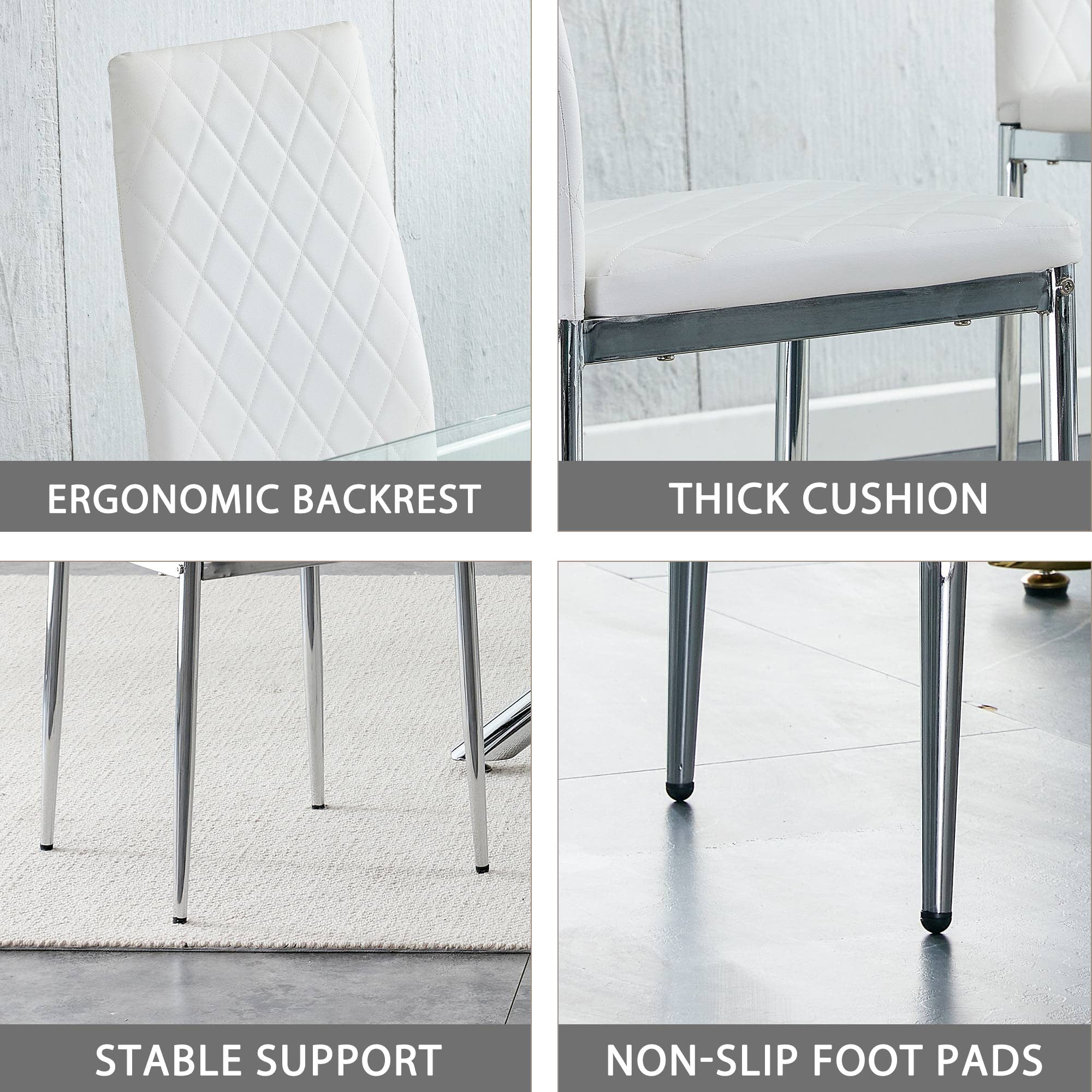 Rophefx Dining Chairs Set of 6, Modern Dining Room Chairs Upholstered Kitchen Chairs PU Leather Metal Legs High Back Side Chairs for Living Room, Kitchen, White