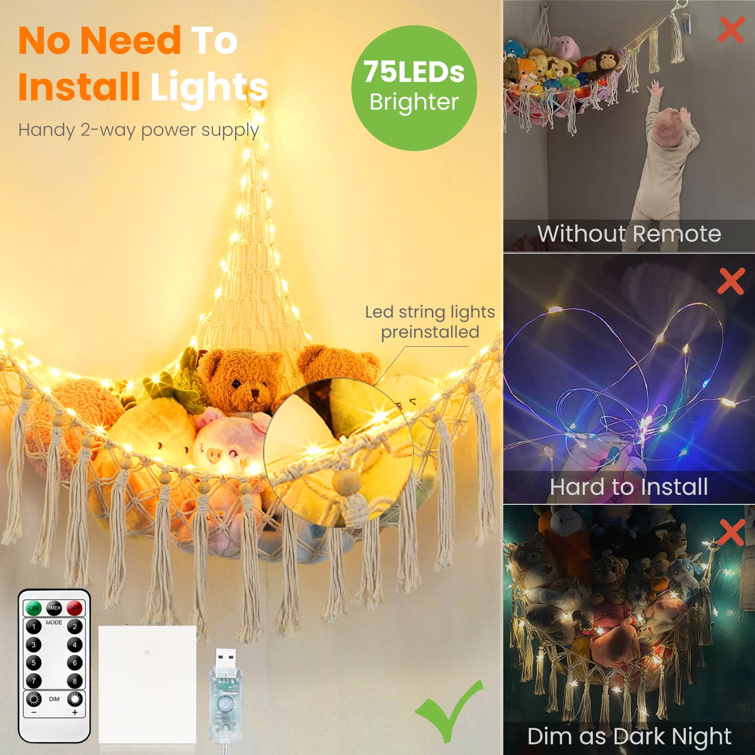 Stuffed Animal Hammock with 75LEDs, Extra Large 55in Toy Storage Macrame Hammock, Hanging Toy Net for Kids Bedroom Doll Room Corner Organizer, USB Plush Toy Hammock with Remote(XL)