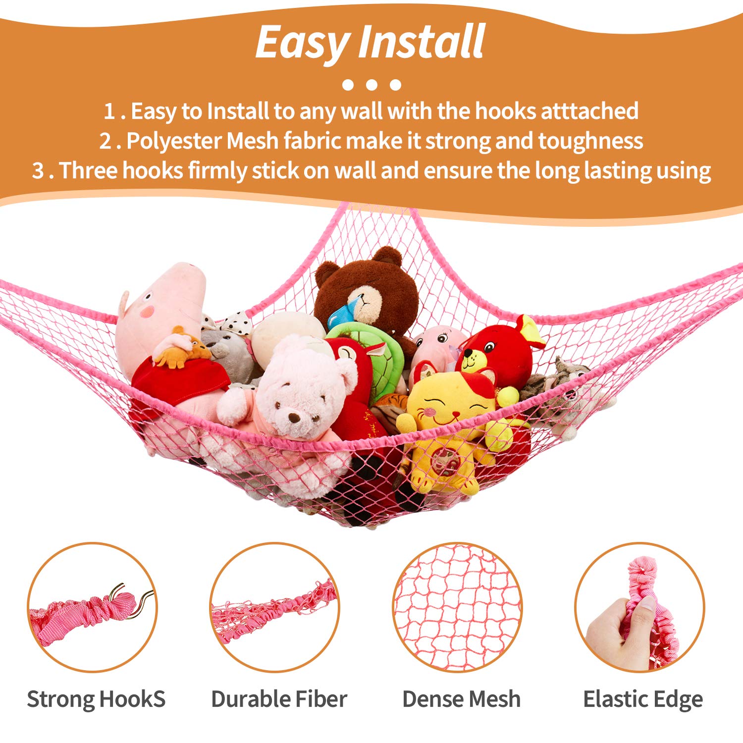 Stuffed Animal Net or Hammock, G-Helper 70 inch Stuffed Animal Hammock Jumbo Toy Net Hammock for Stuffed Animals Corner Hanging Net for Wall Toy Hammock for Kids Room (White)