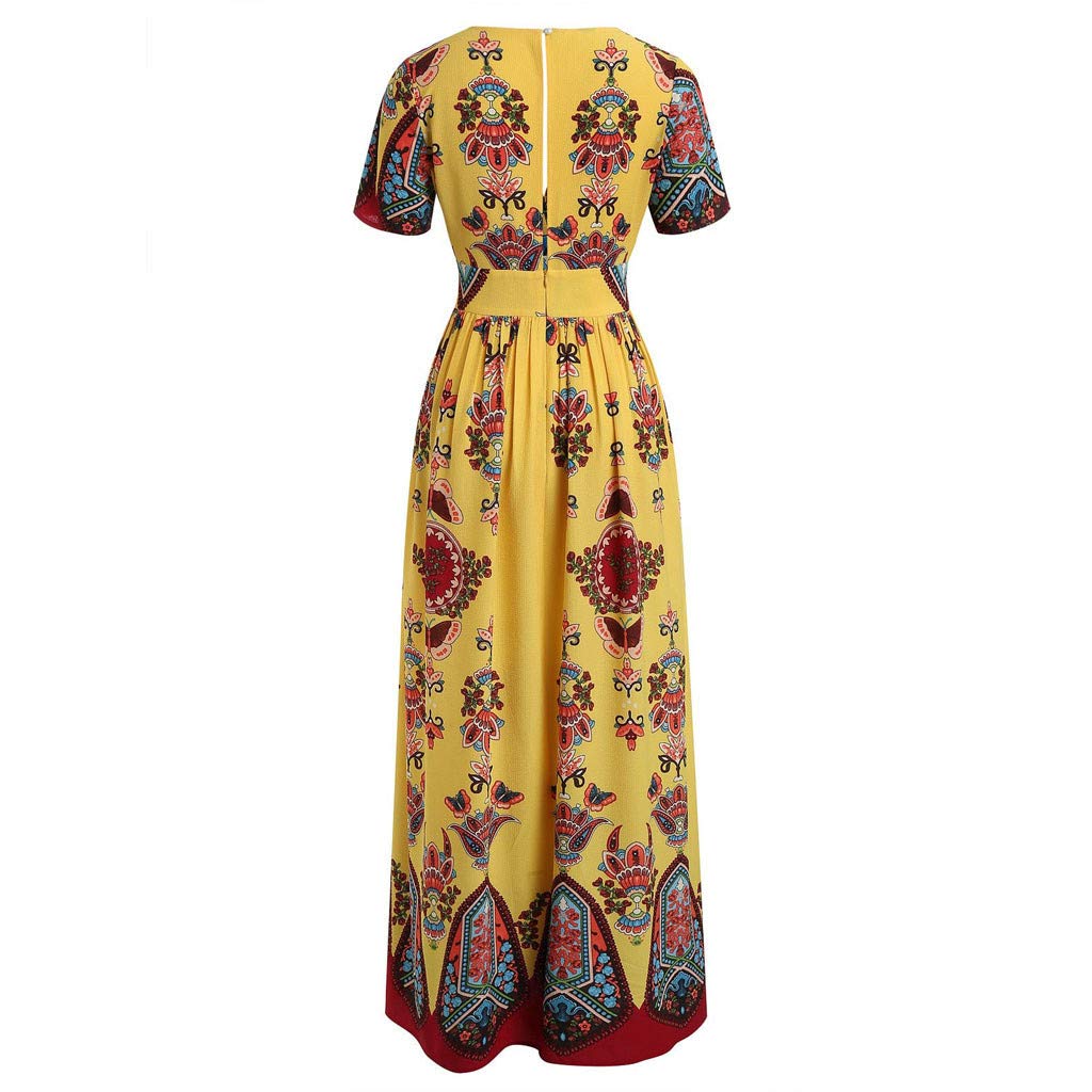 Women Plus Size Long Dress Deep V-Neck Short Sleeve Butterfly Printing Maxi High Waisted Pleated Split Dress