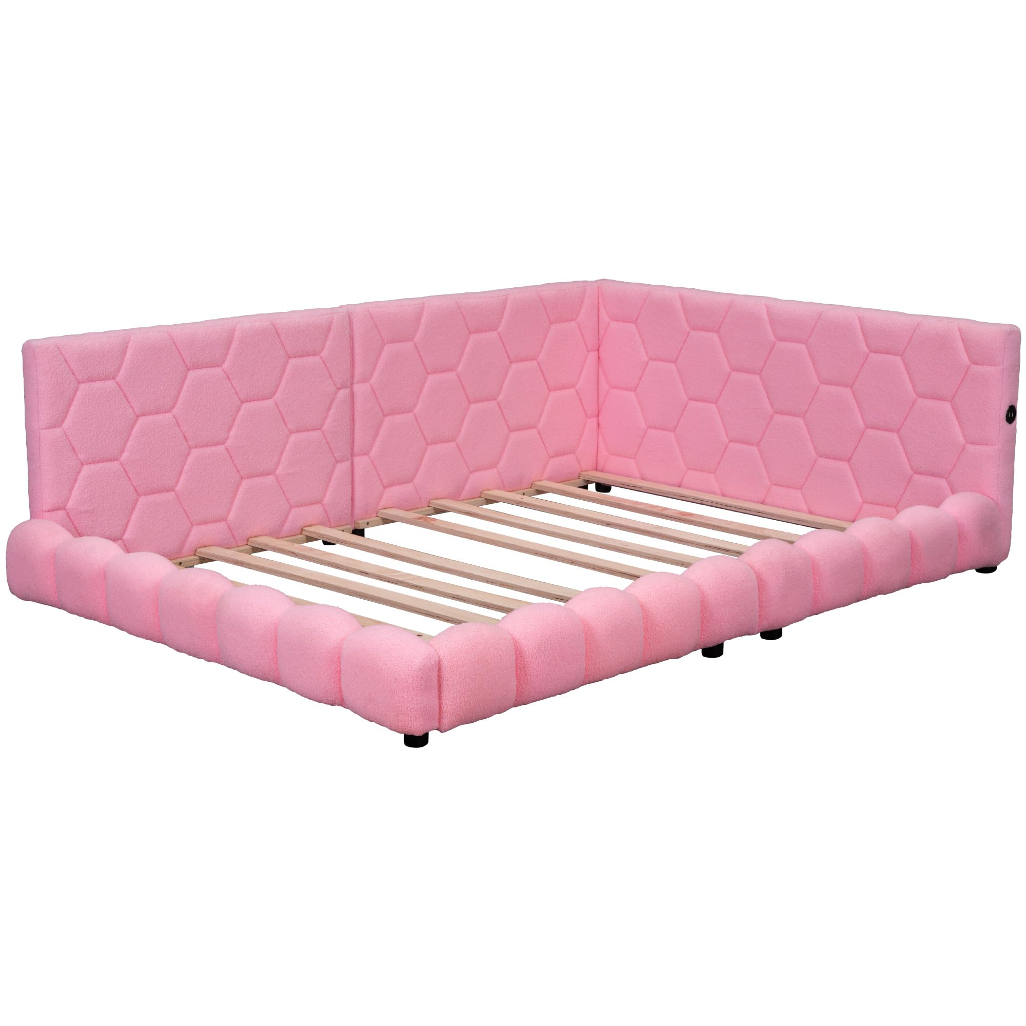QVUUOU Upholstered Platform Bed Daybed with USB Ports and LED Lights Belt, Full Size Wood Bed Frame for Bedroom Furniture, Teddy Upholstered Bed Multifunctional Bed Floor Bed Grounded Bed (Pink)