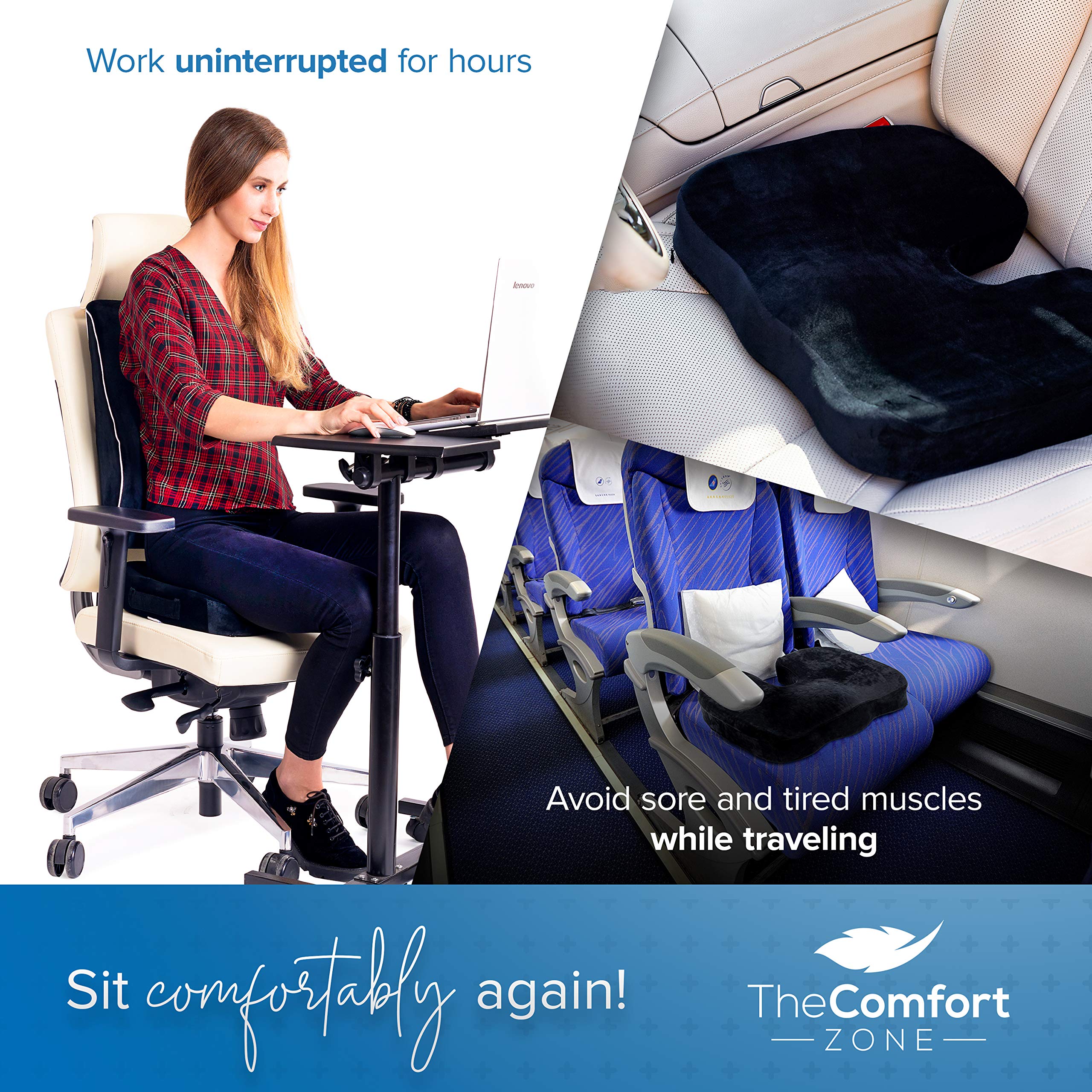 TheComfortZone Seat Cushion for Office Chair Memory Foam Coccyx Cushion Butt Pillow for Sciatica Tailbone & Back Pain Relief Long Sitting Office Desk Gaming Chair Car Seat Cushion Driving-Black